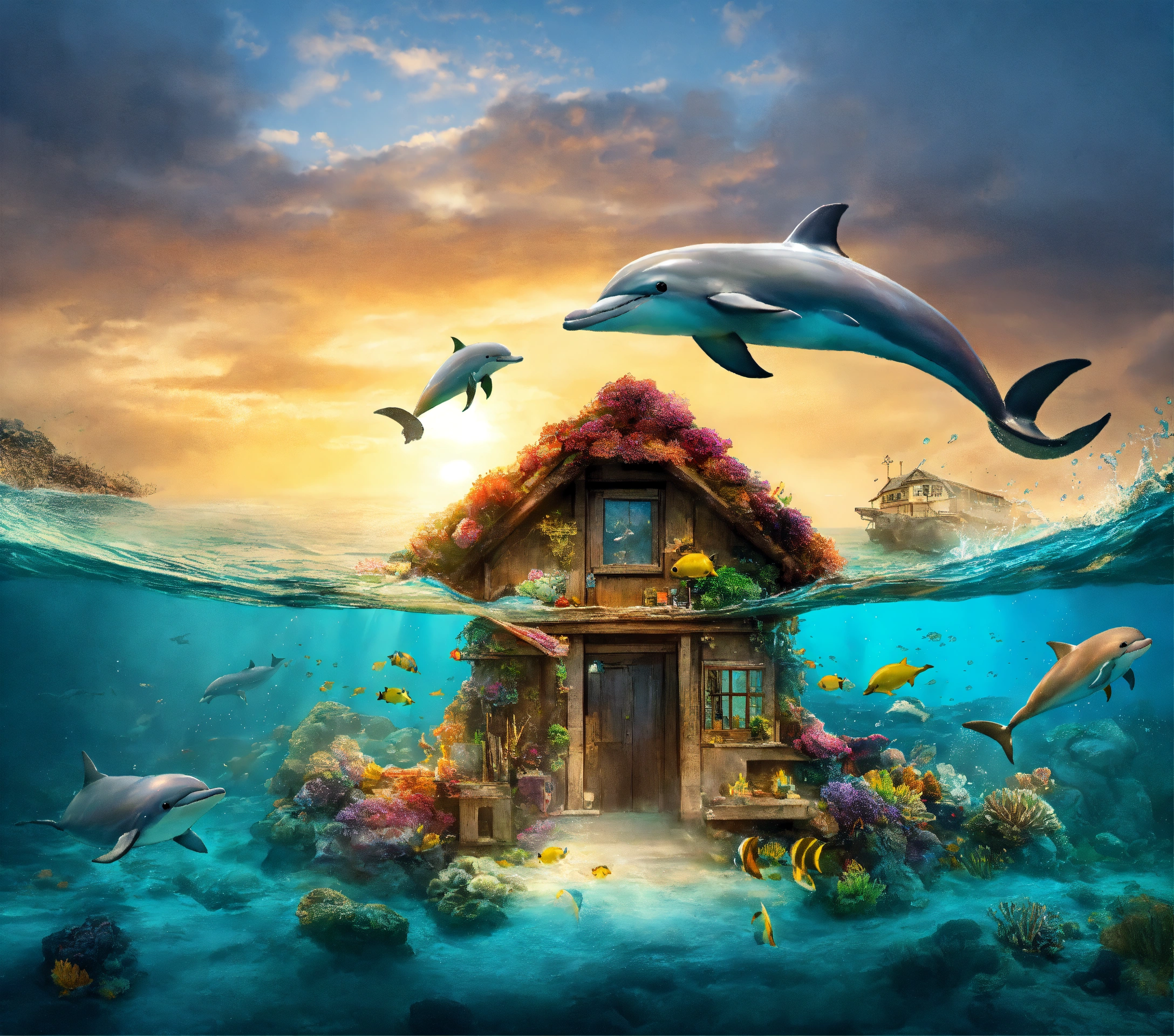 Lexica - Dolphins working to build a house under the sea with a hammer