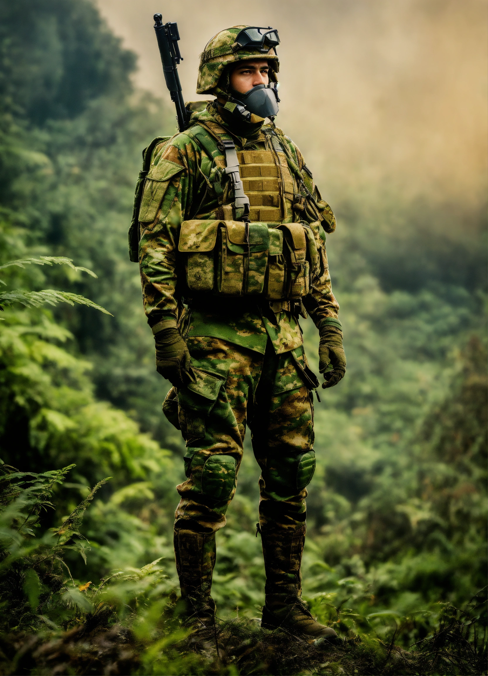 Lexica - Waist-up, muted photo portrait titled "soldier of the jungle ...