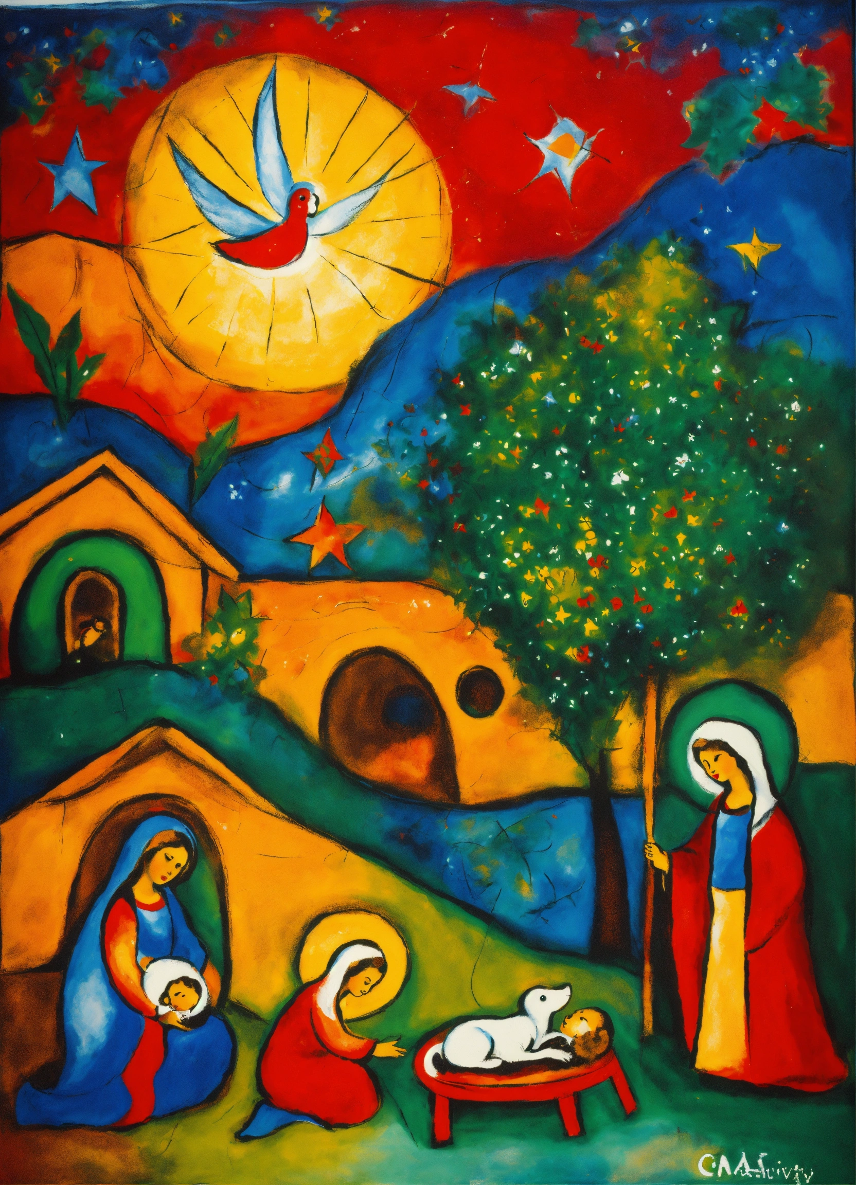 Lexica - Nativity Scene, a colorful painting in the style of Marc Chagall