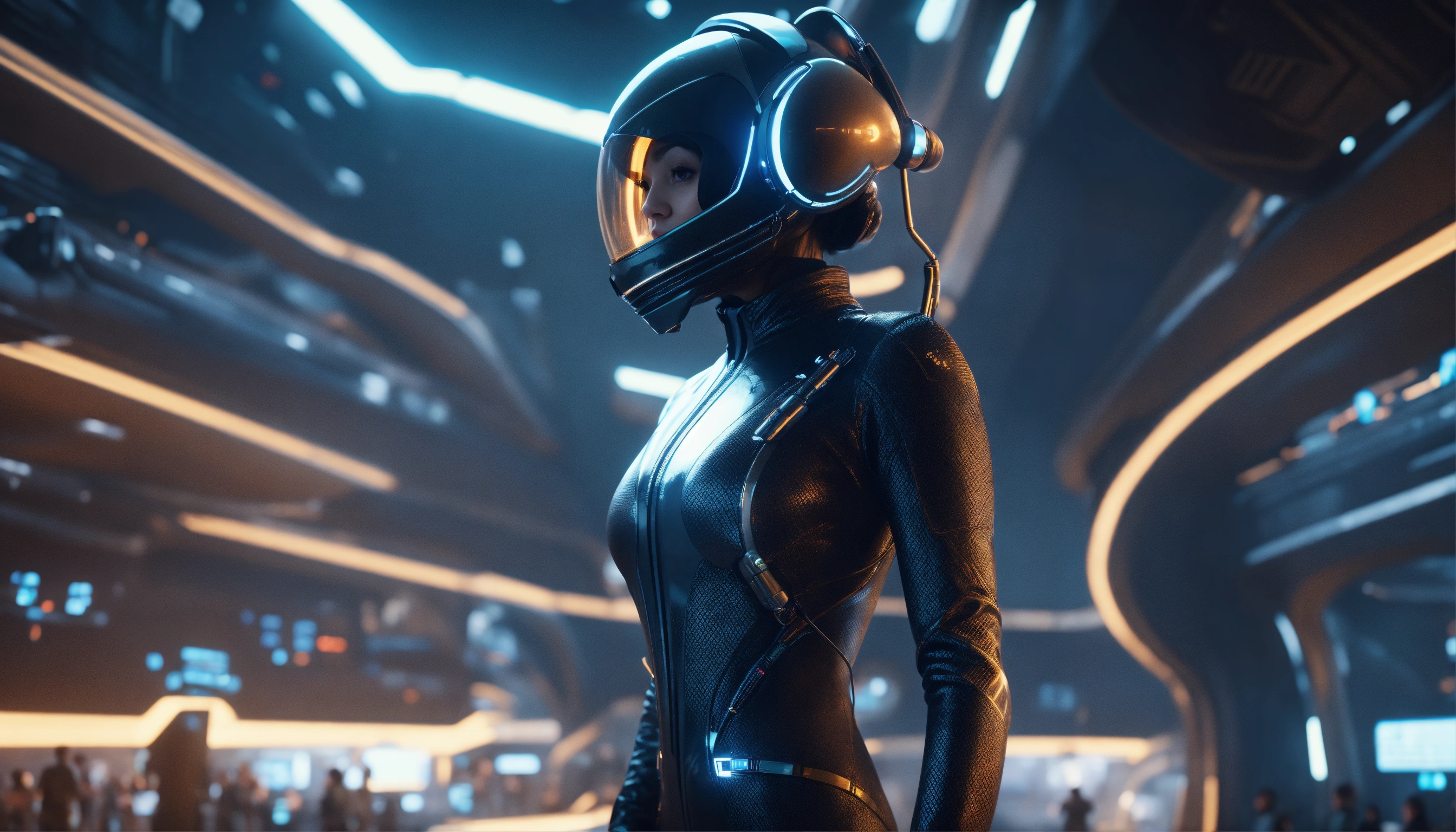 Lexica - Wide shot of a female super spy wearing a tight futuristic spy ...