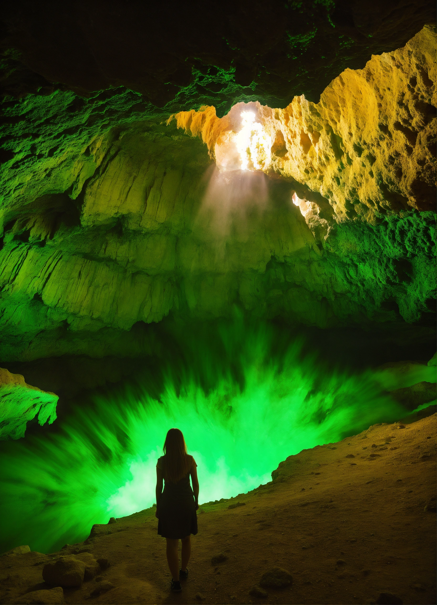 Lexica - Wide angle environmental shot of green explosion in a cave ...