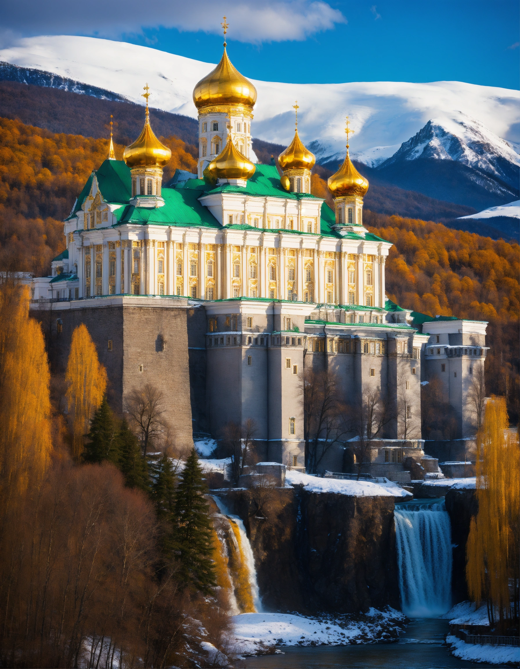 Lexica - Russian royal castle with golden roof in foreground and winter ...