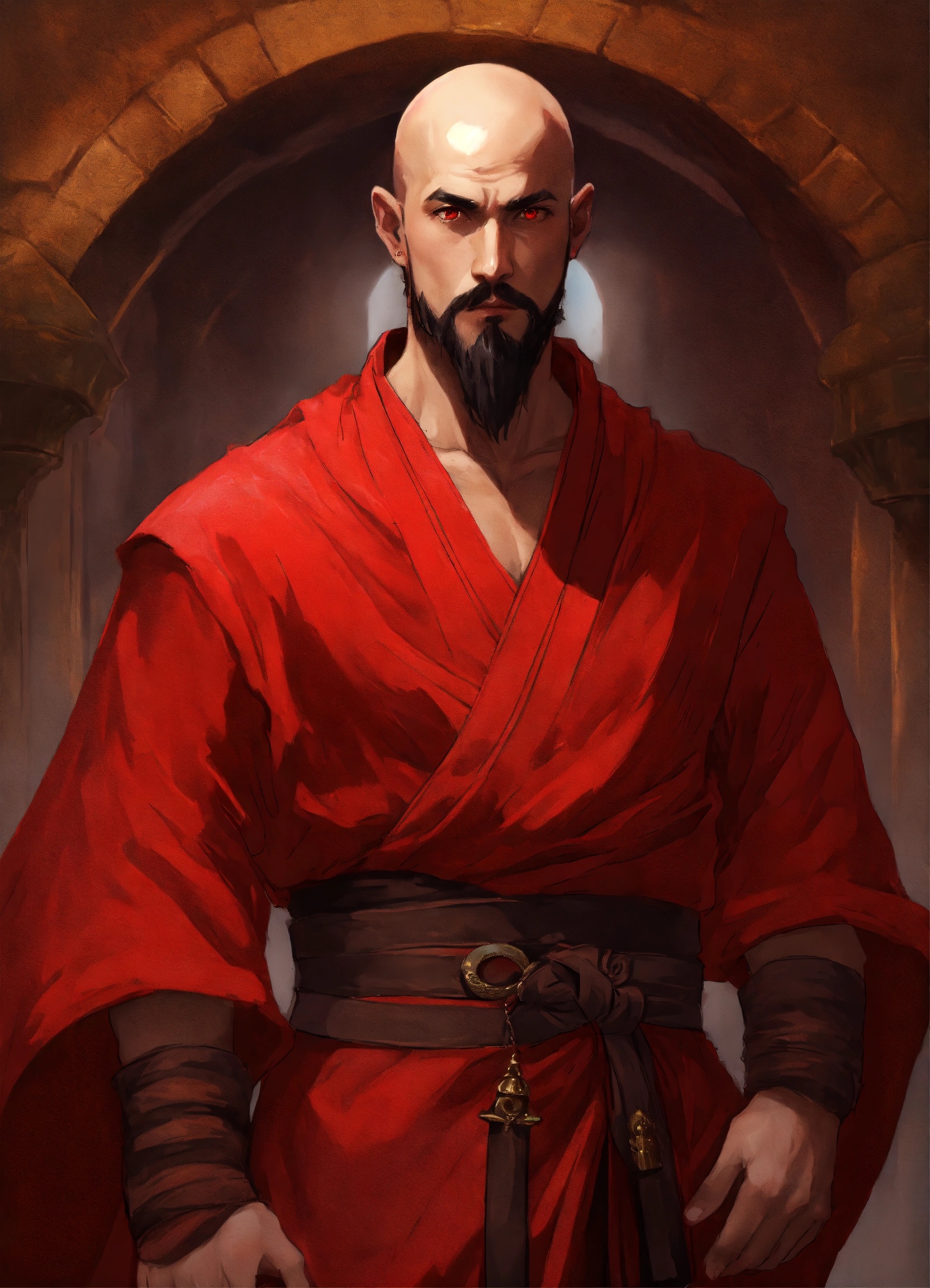 Lexica - D&D male, monk, red robes, shirtless, red eyes, black goatee, bald