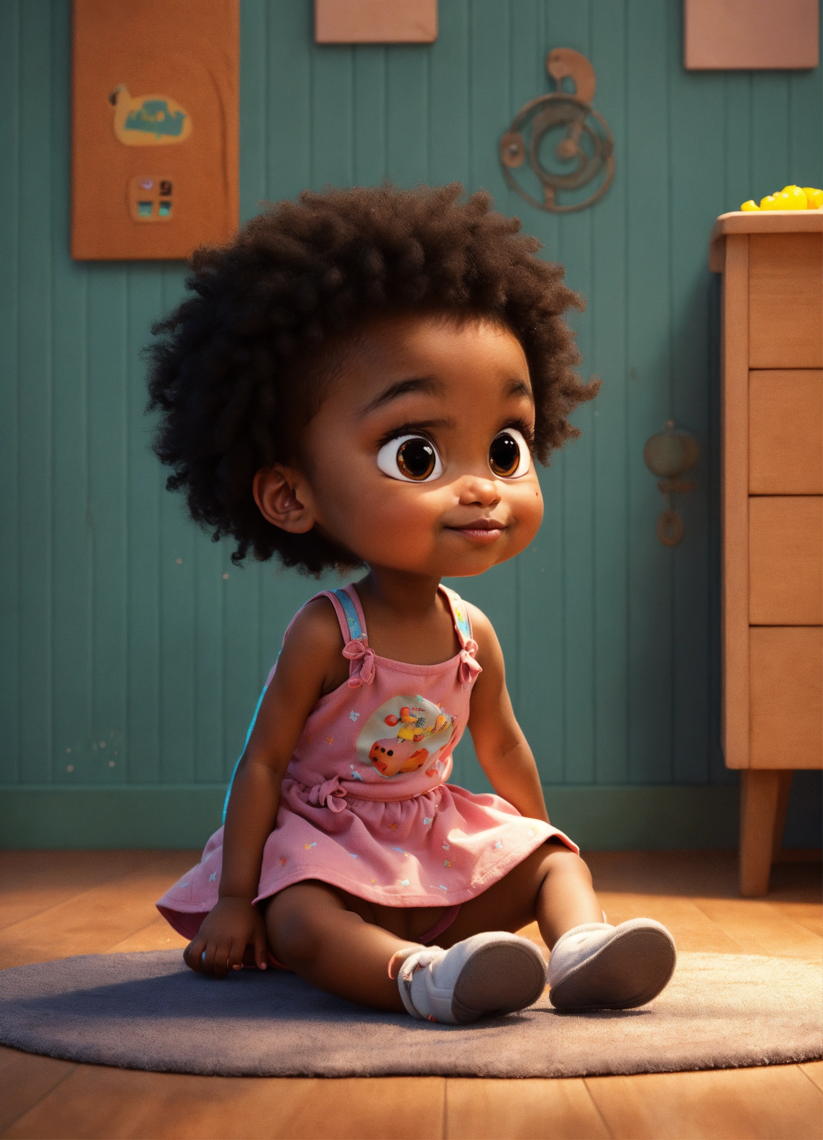 Lexica - Cute little black babygirl sitting on the floor pixar