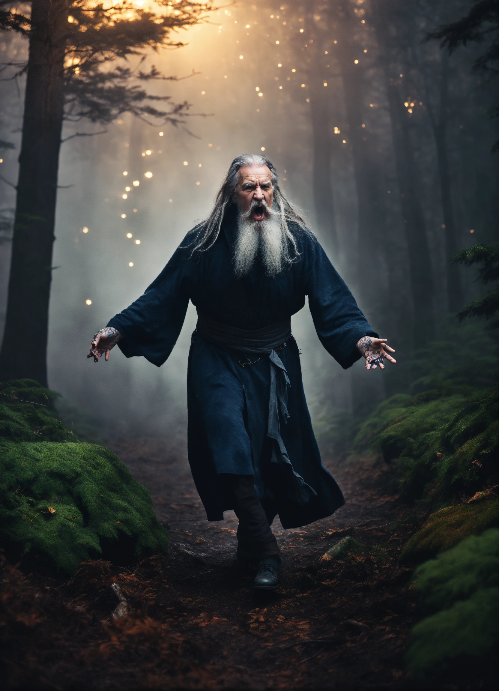 Lexica - In a photo realistic style, a gaunt old tattooed hermit with ...