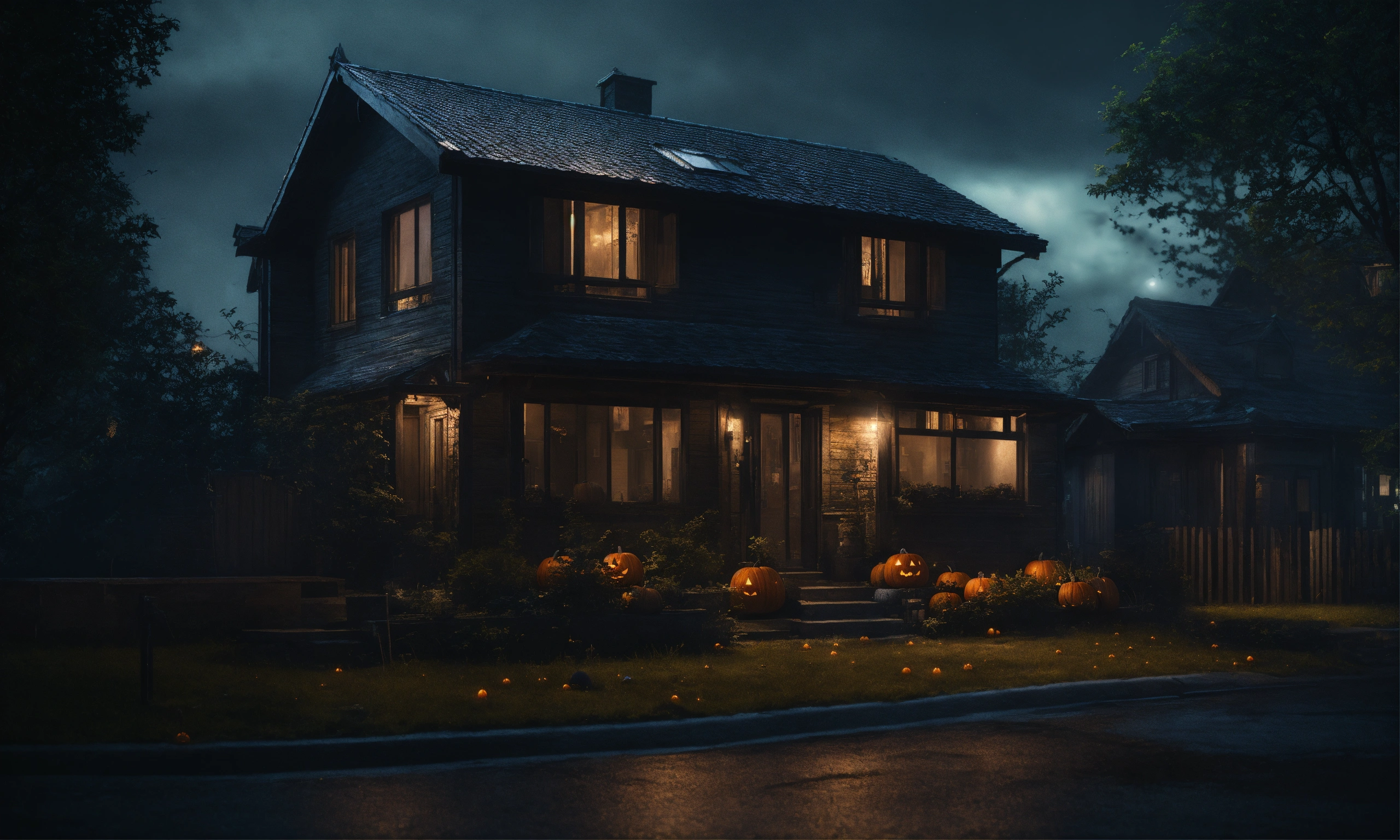Lexica - Spooky dark modern home incorner of street at night; in ...