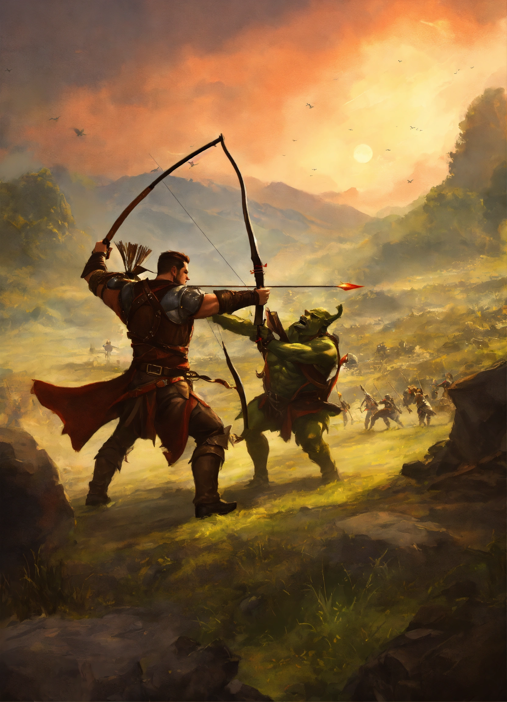 Lexica - A digital art, fantasy, of archer shooting an orc on battle field