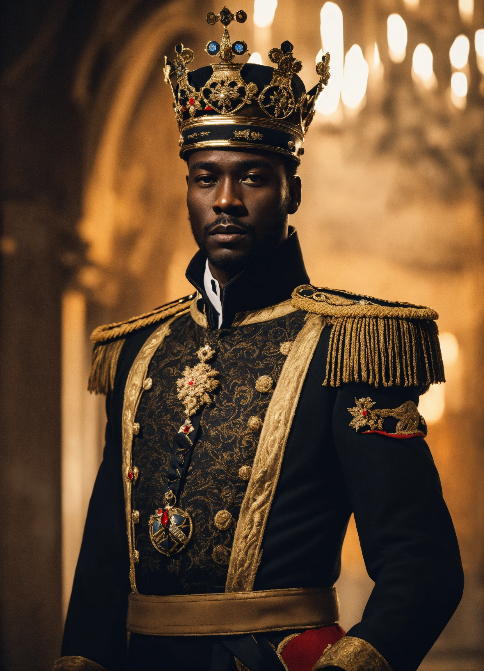 Lexica - A royal black king with uniform and a crown