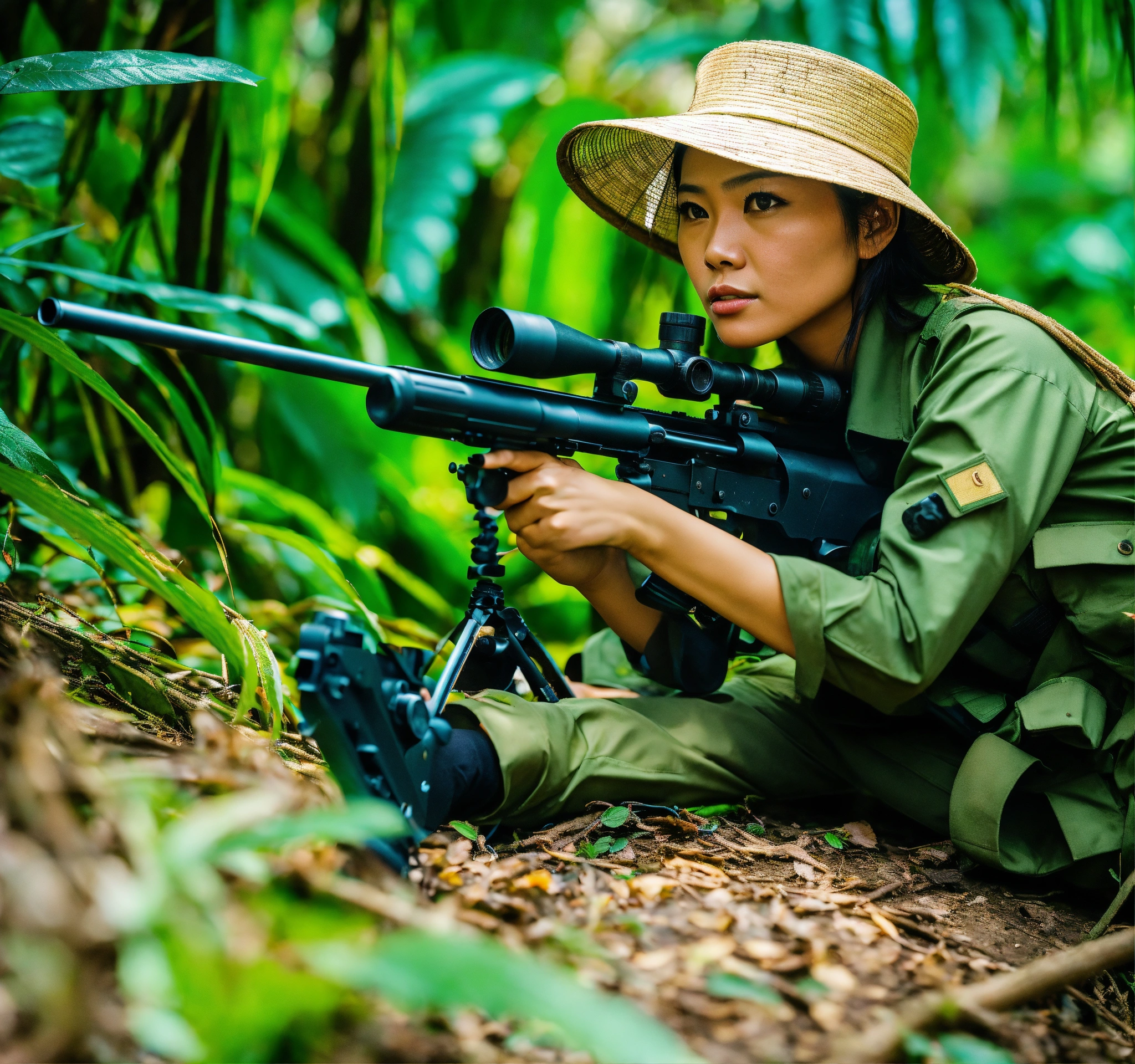 Lexica - Close-up, a beautiful female sniper lying behind the gun in ...