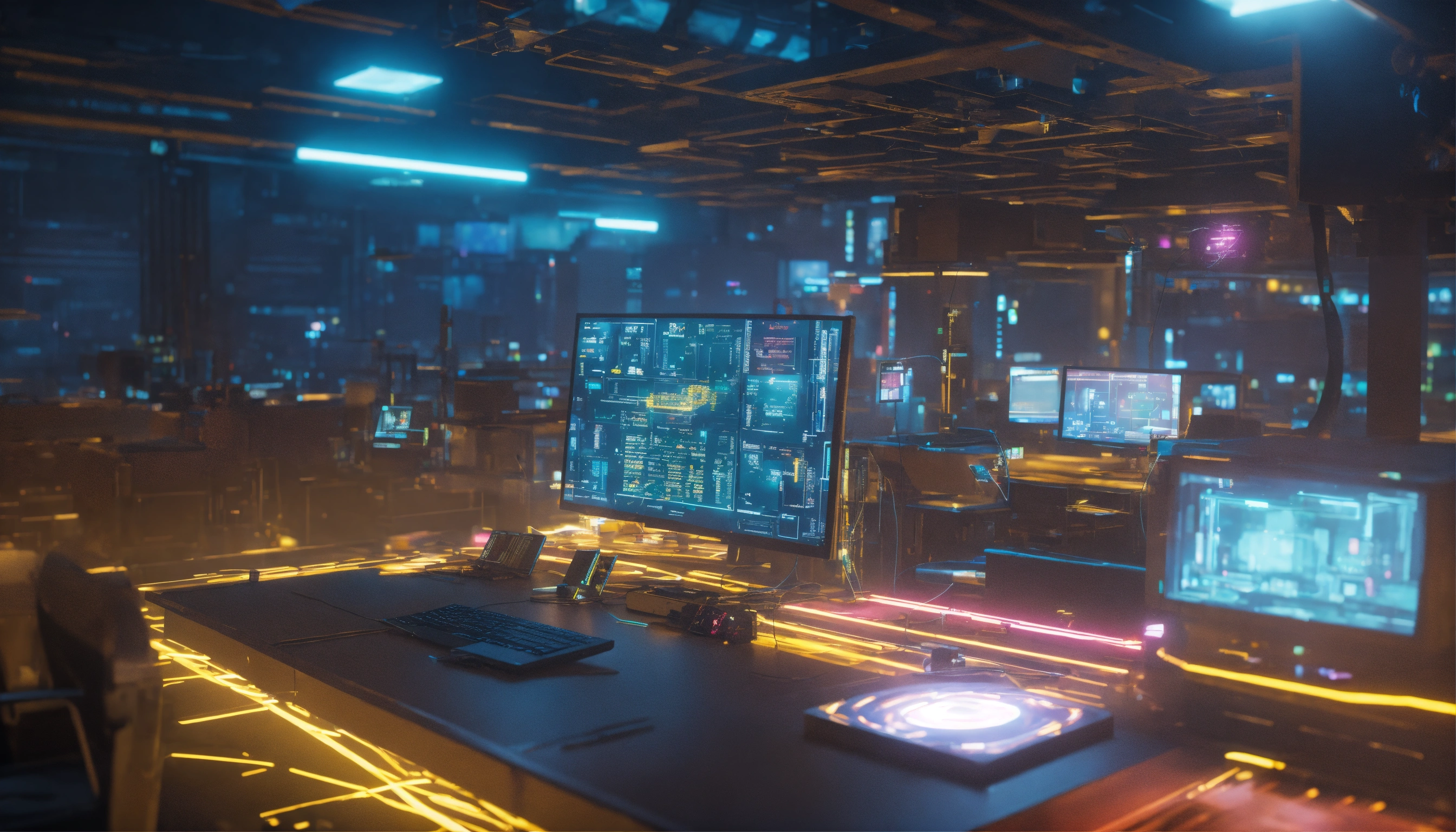 Lexica - Data flying in air above the table, cyberpunk style, detailed, highres, 4k