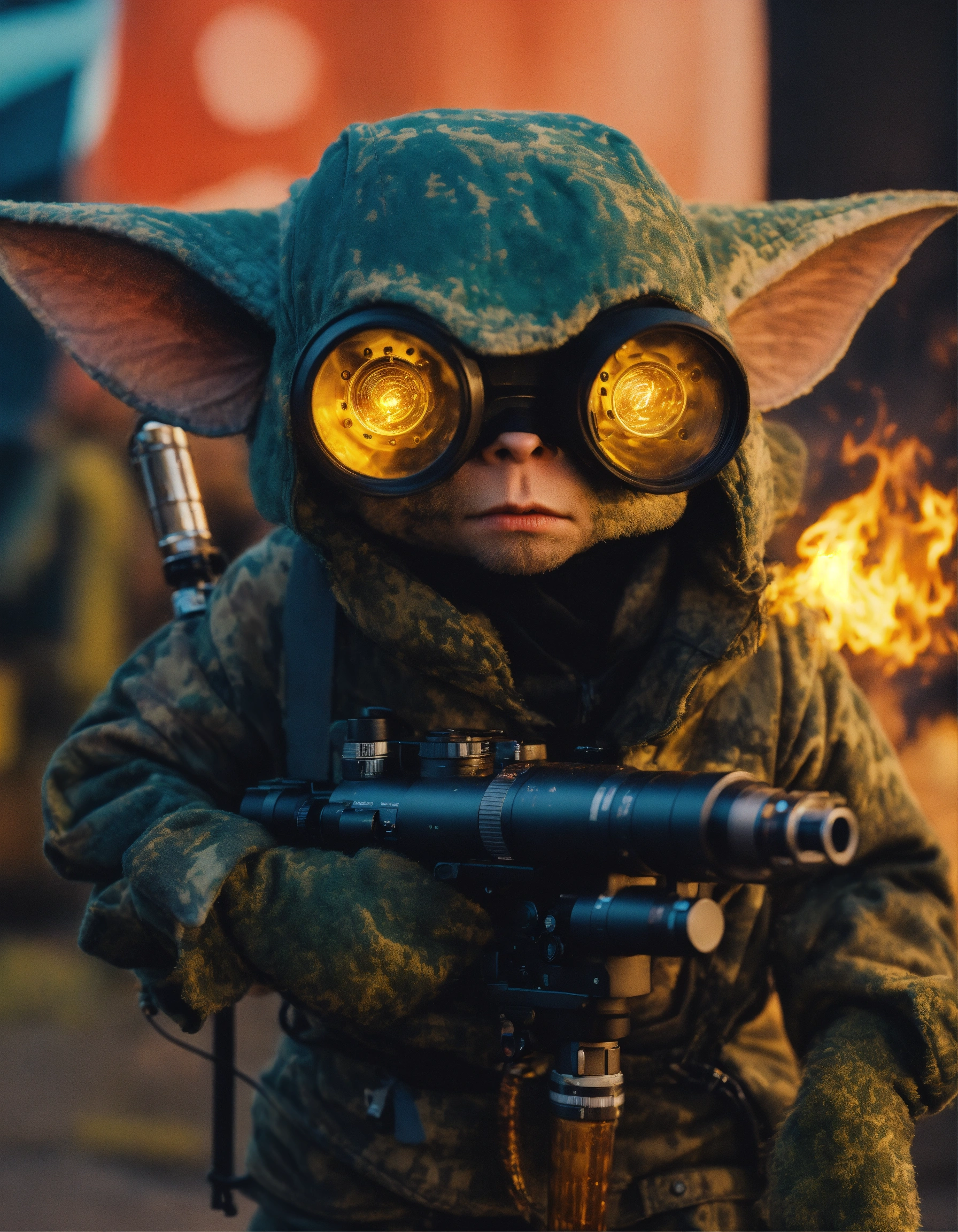 Lexica - Leica portrait of a gremlin with a flamethrower coded patterns ...