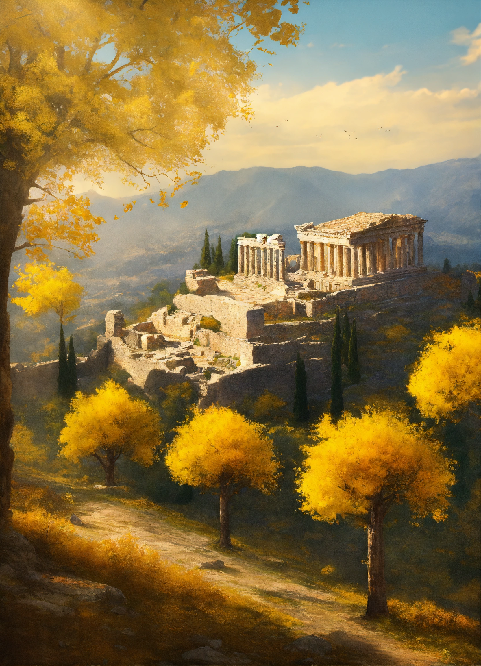 Lexica - Ancient Greek ruins in the hills with tall trees having yellow ...