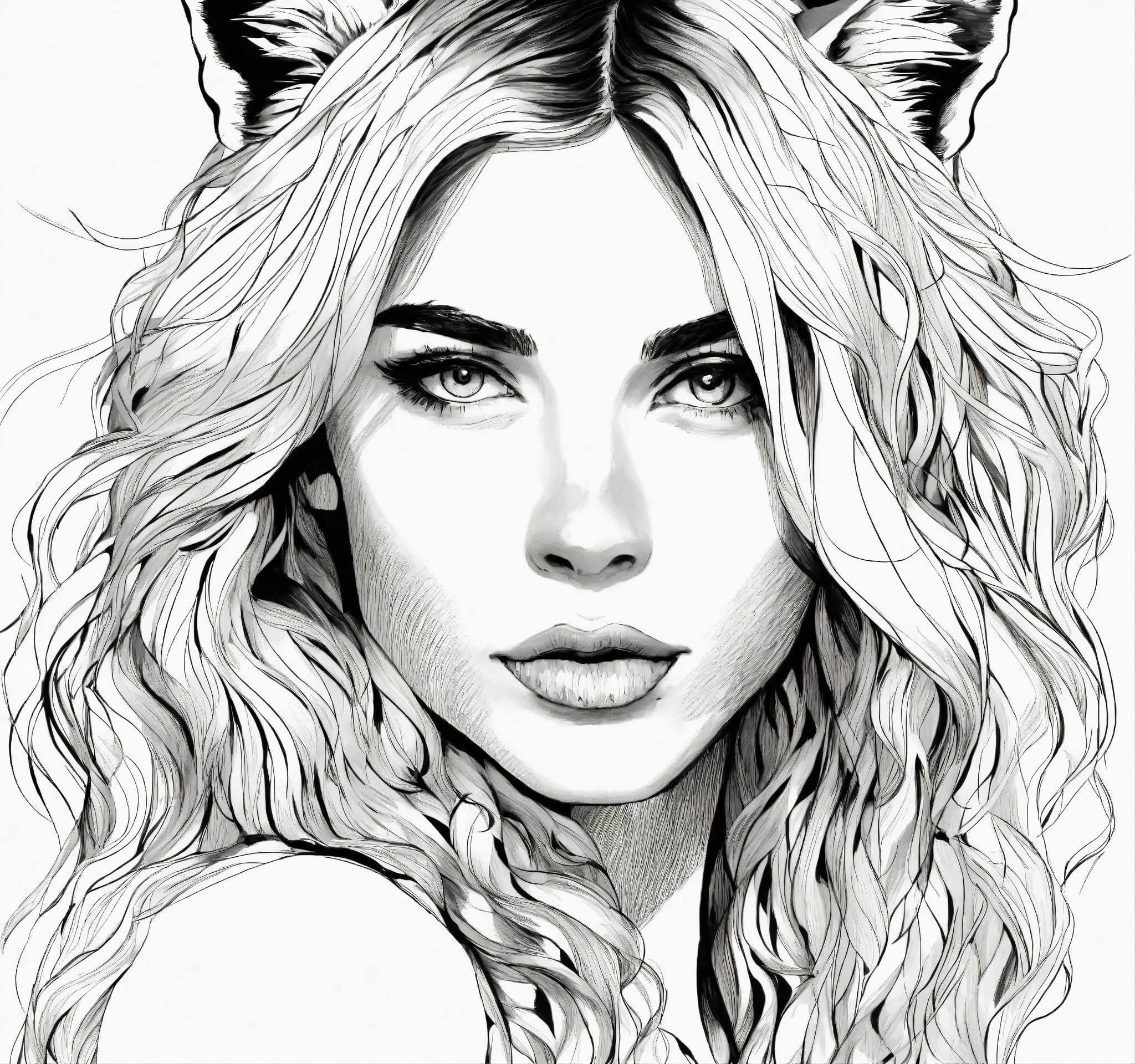 Lexica - Black and white bold line drawing, blonde woman, with tiger ...