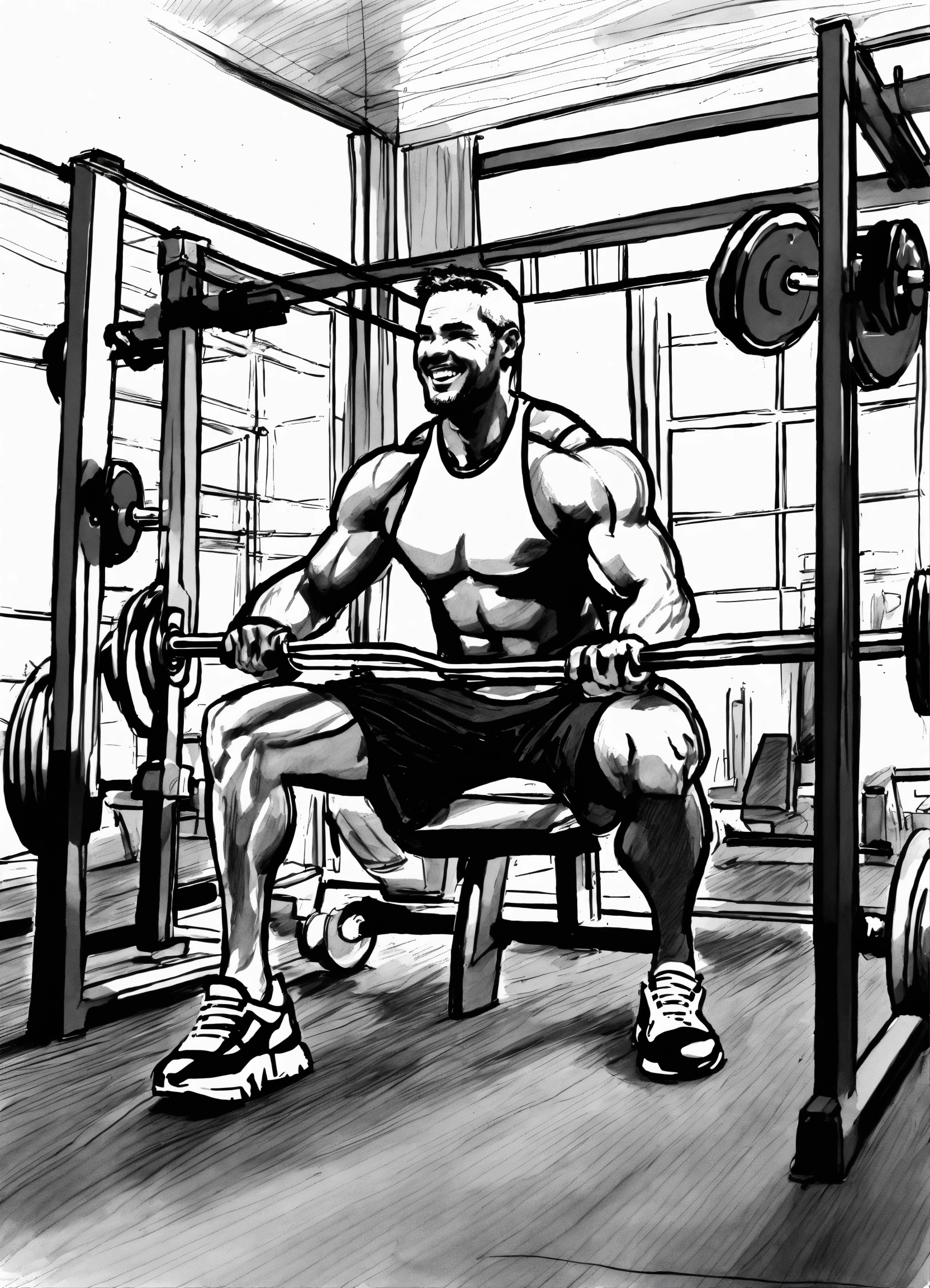 Lexica - Black & white pen and ink sketch of a happy man working out ...