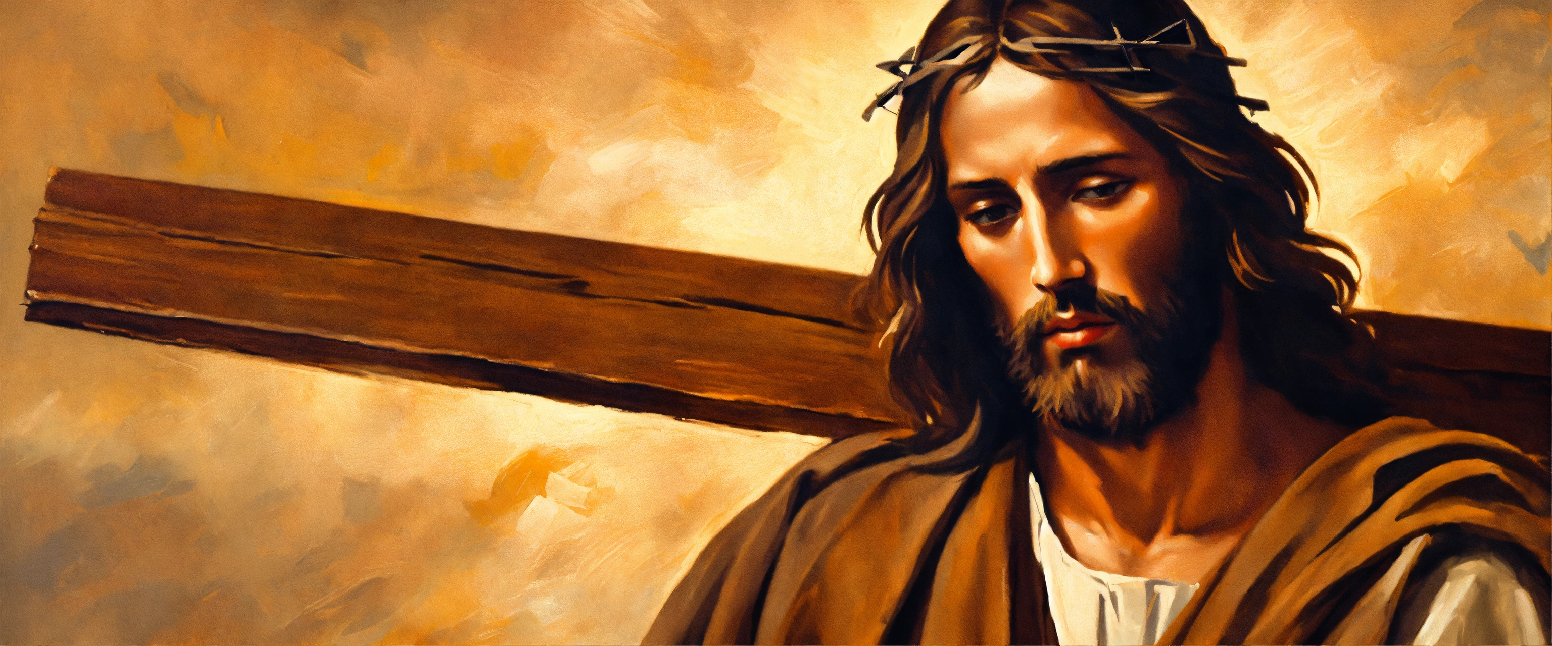 Lexica - Jesus Christ carrying cross portrait in oil painting style ...