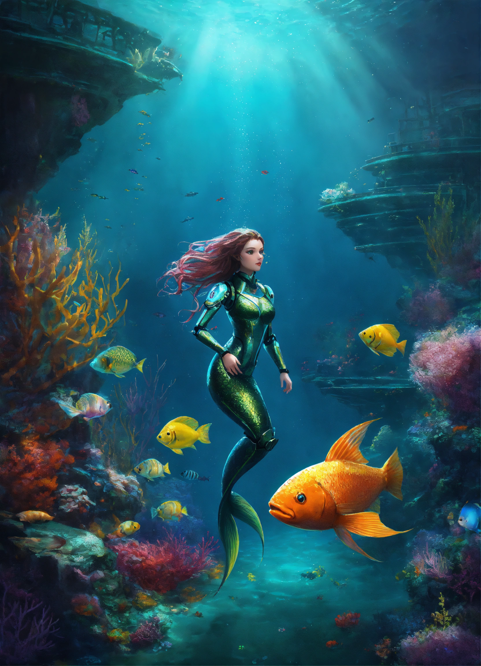 Lexica - A robot mermaid in the bottom of the sea, dark light , whit a ...