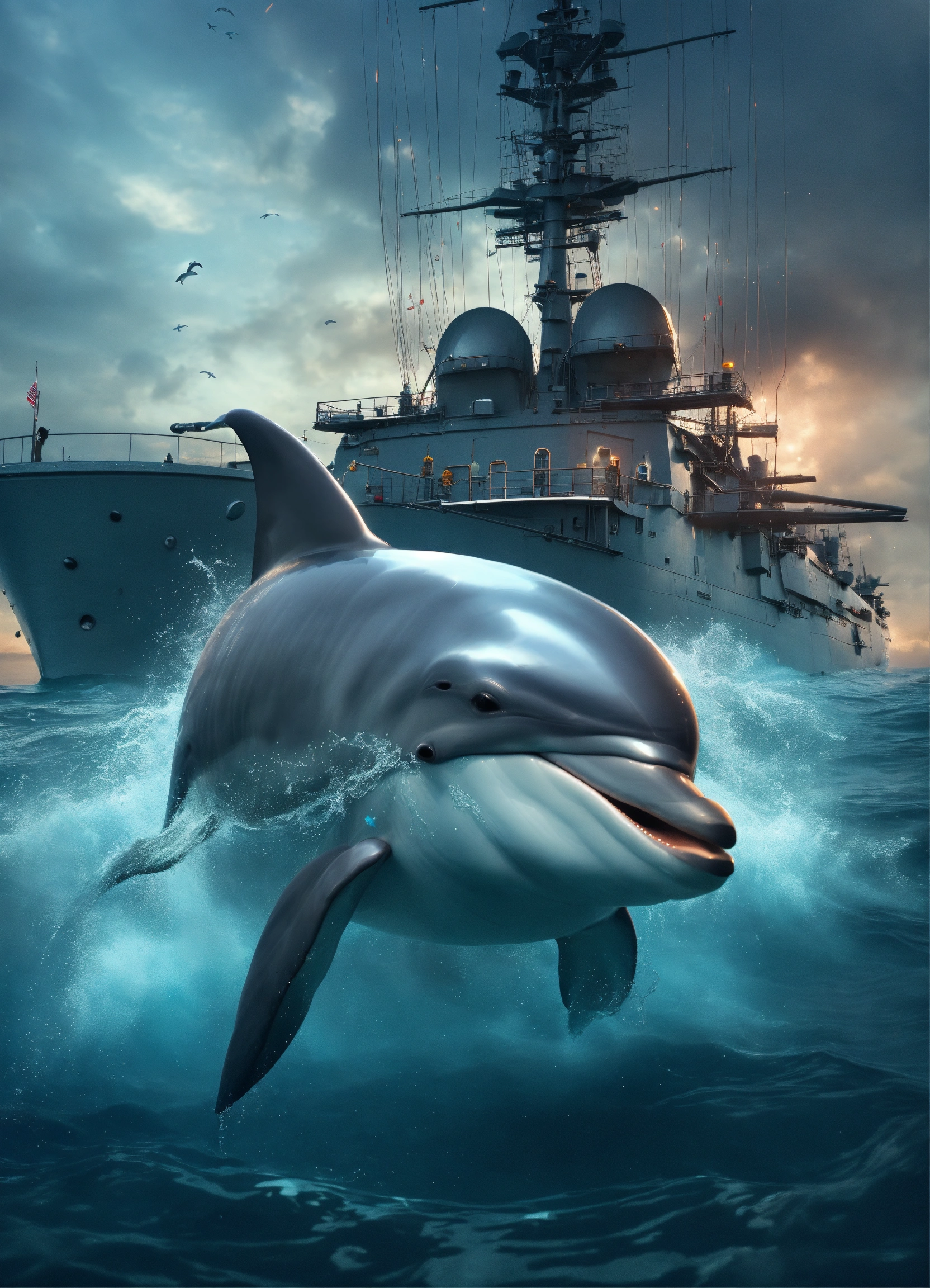 Lexica - A sad dolphin in large headphones looks out of the water at an ...