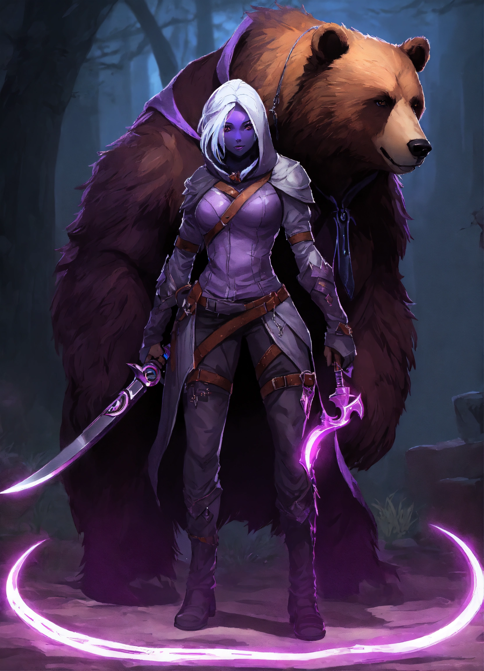 Lexica - Fullbody female drow with glowing purple skin in a hooded gray ...