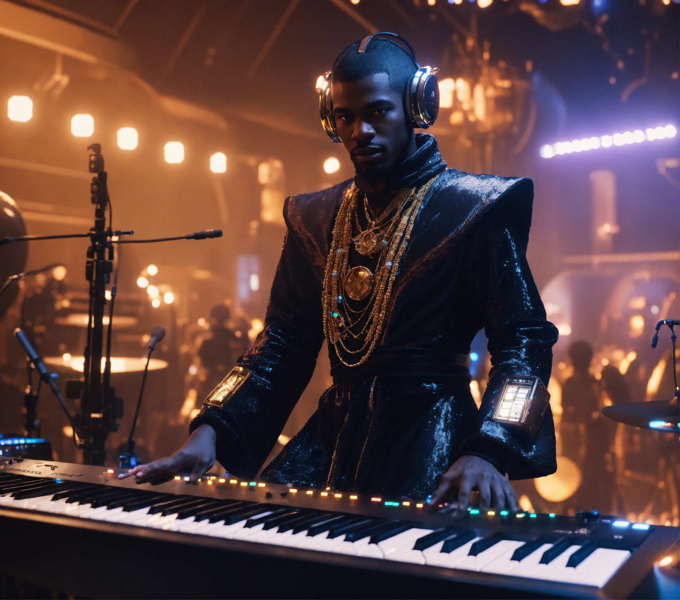 Lexica - Zoom out from a black male humanoid wearing a fancy space robe ...