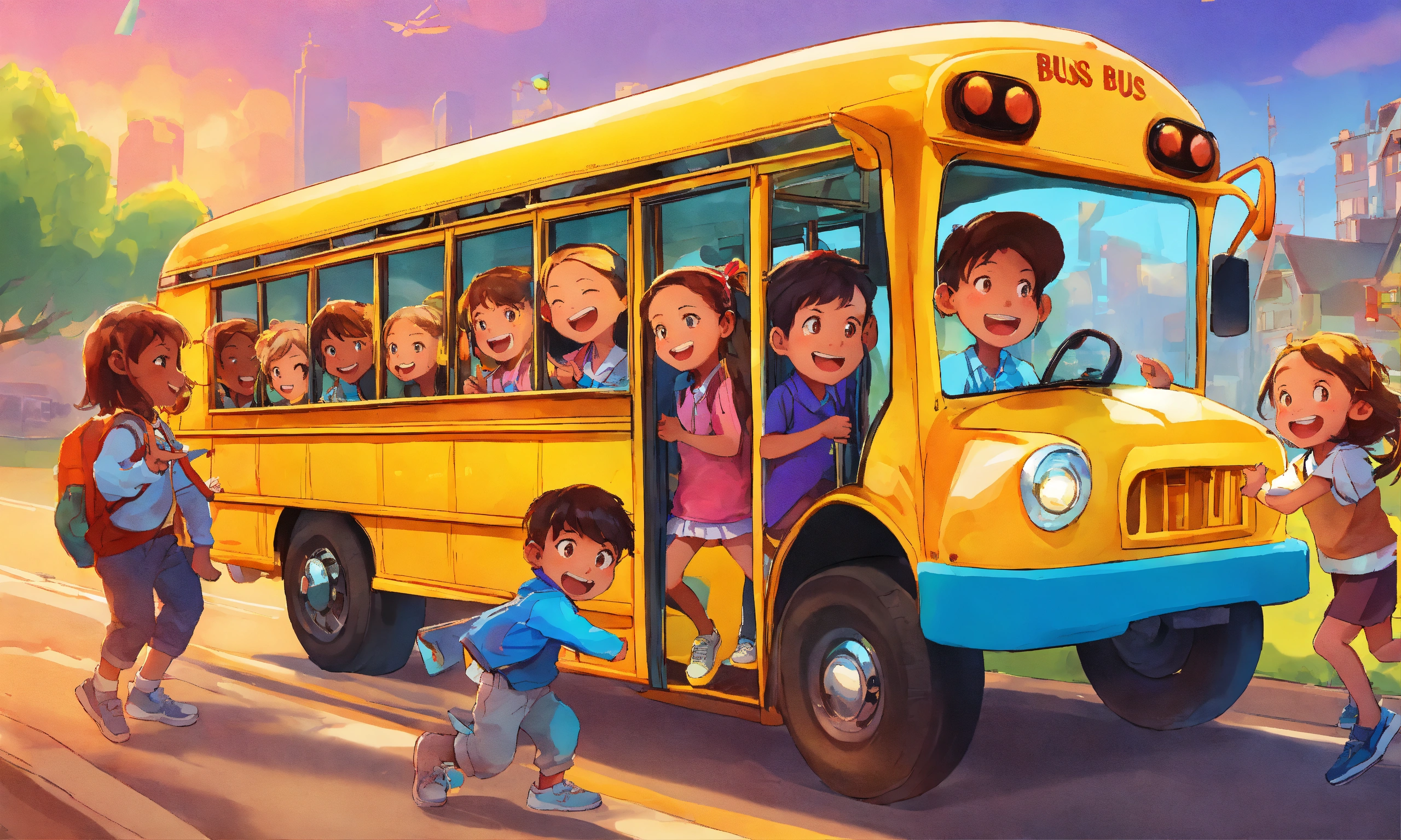 Lexica - "Create a vibrant and playful image of a school bus filled ...