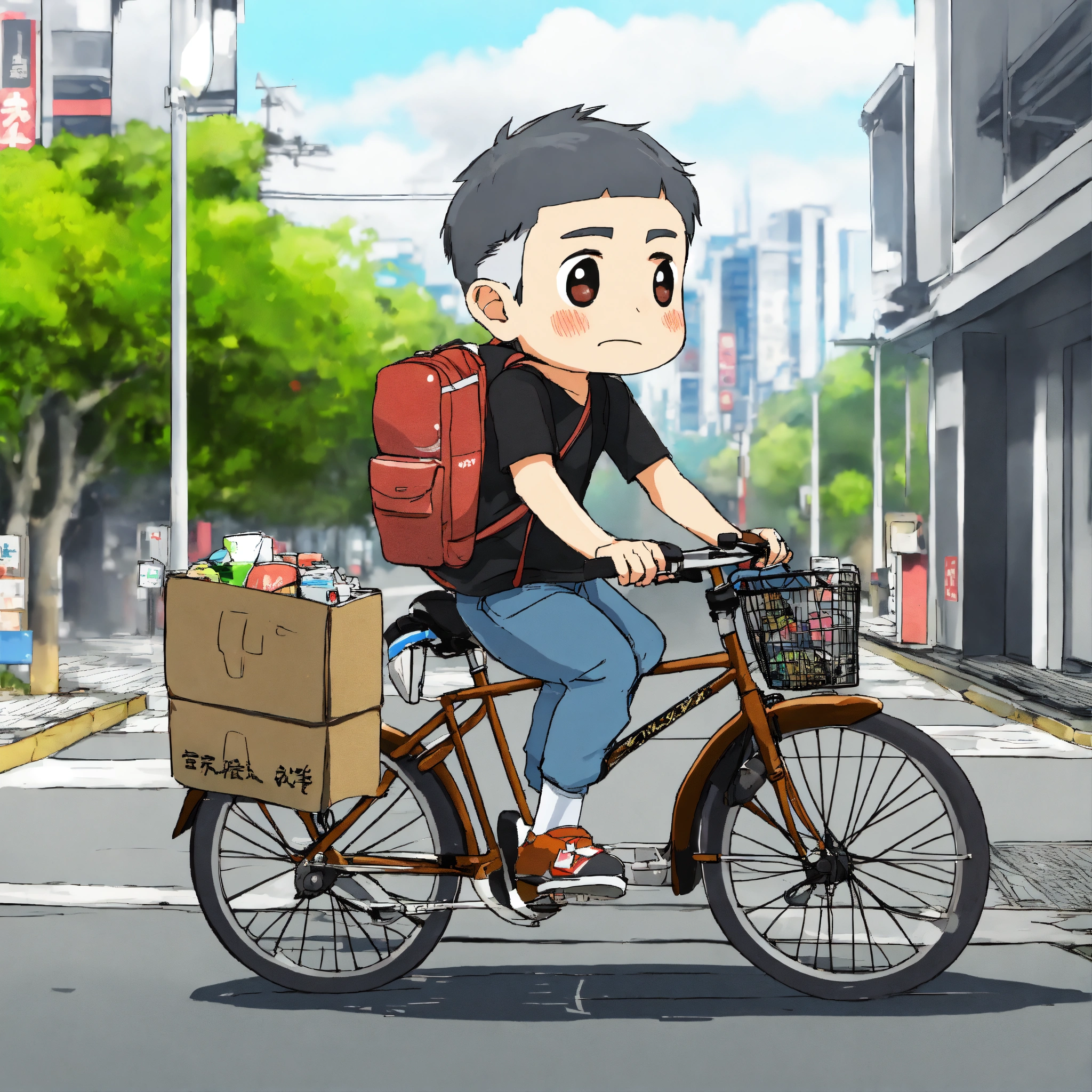 Lexica - Poor japanese man, ride on the bicycle, black T-shirt, chibi ...