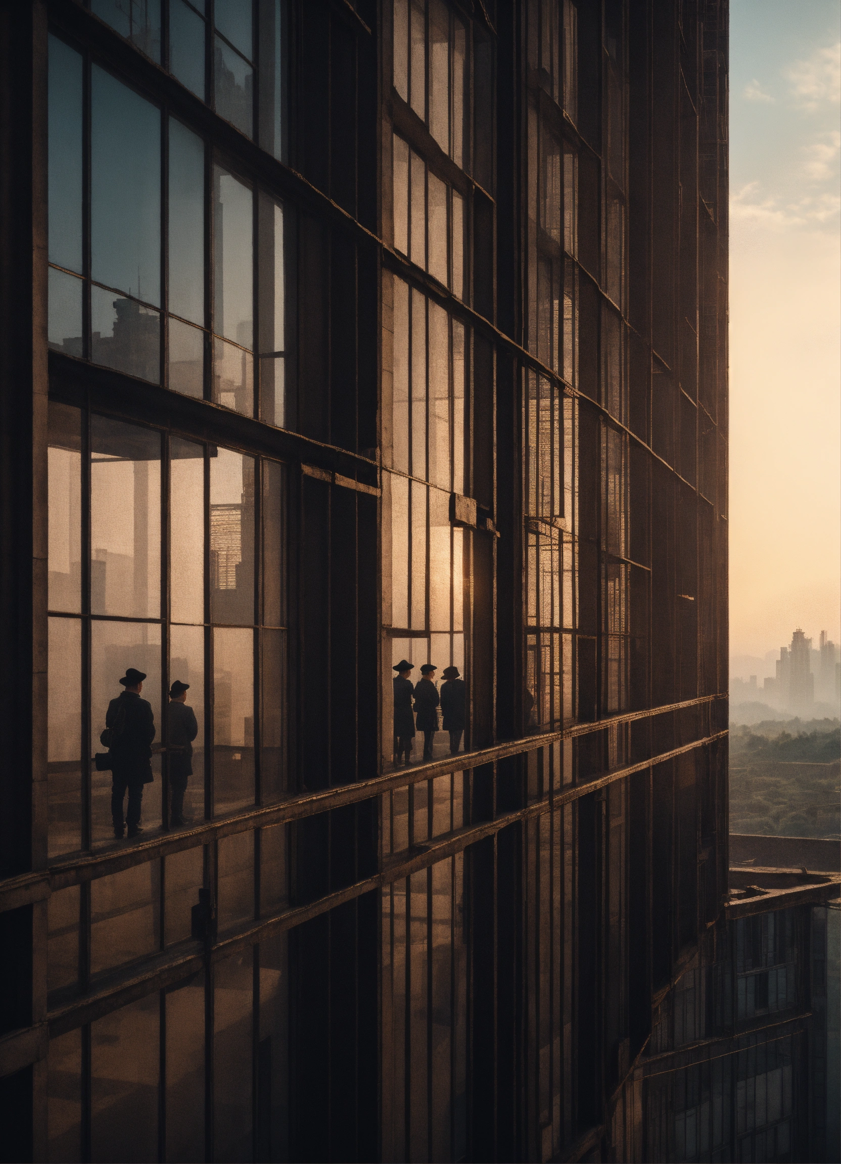 Lexica - Some people look over tall building windows, in the style of ...