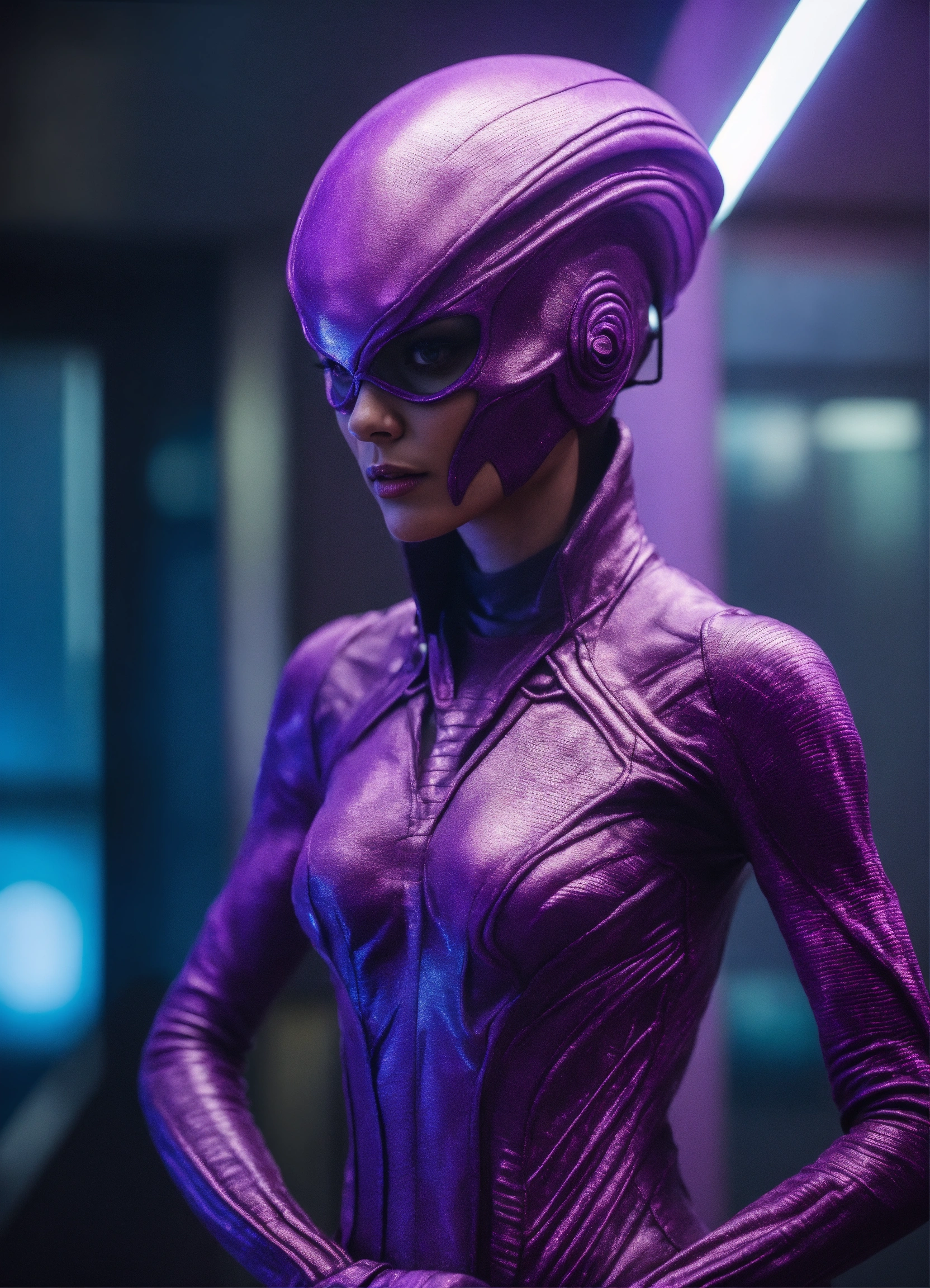 Lexica - Purple skin human looking alien female, standing in lobby ...