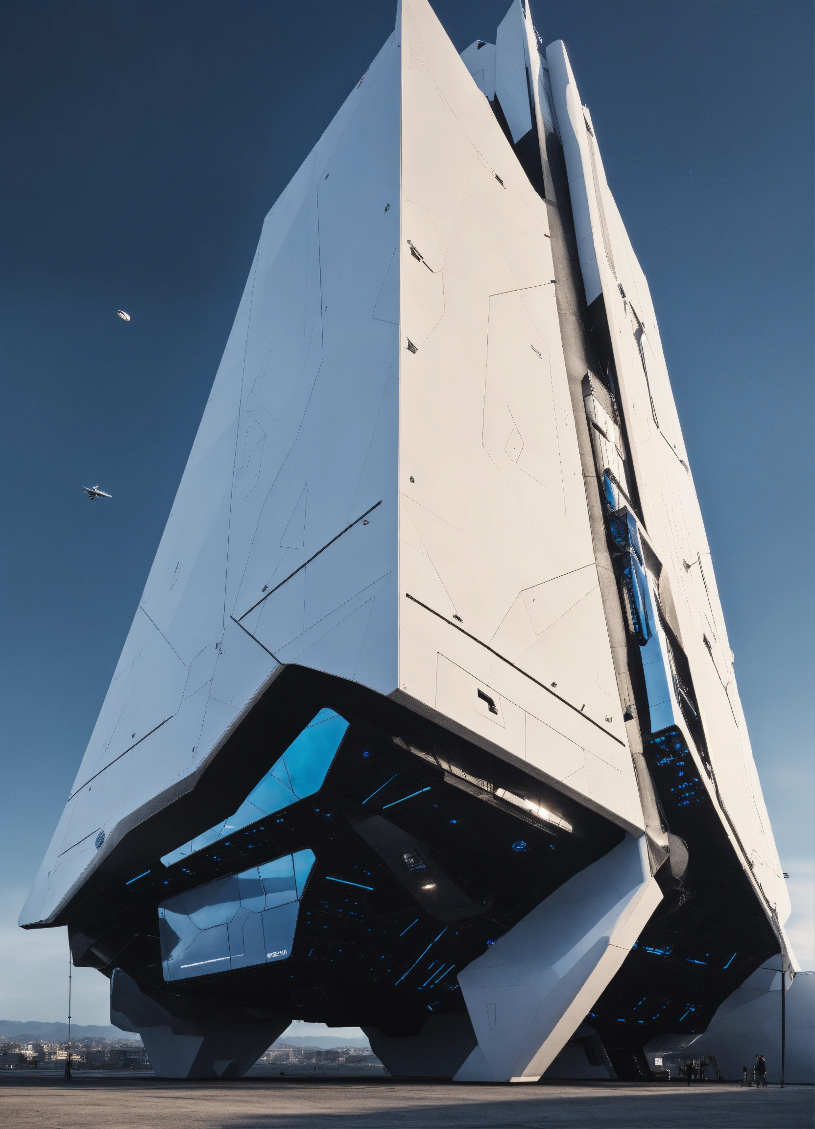 Lexica - Massive angular spaceship, white, black, blue, minimalism