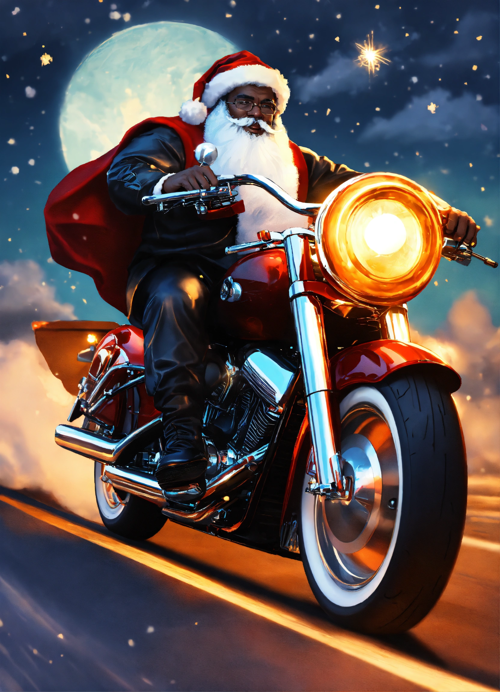 Lexica - Black Santa riding a Harley motorcycle with glowing tire rims ...