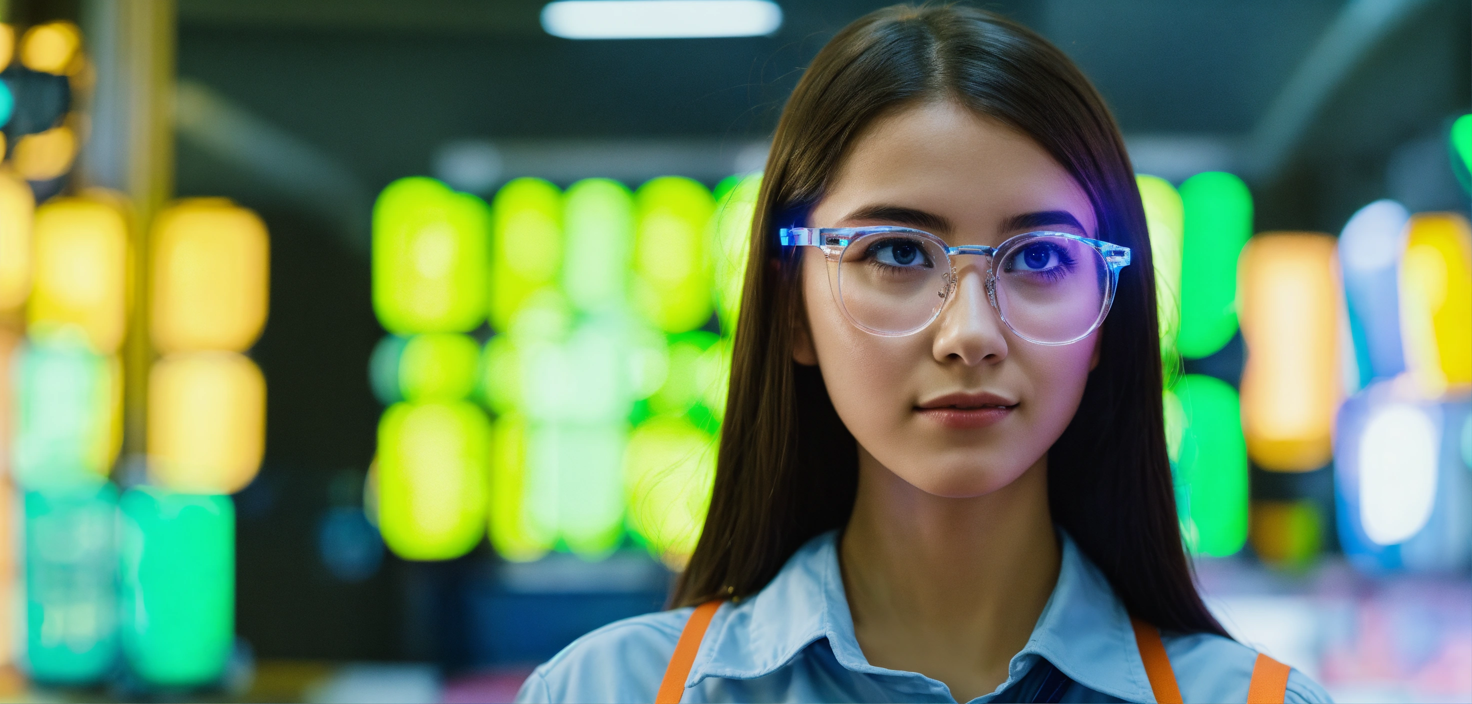 Lexica - Electronic engineer girl holding clear glasses in her hand, side shot