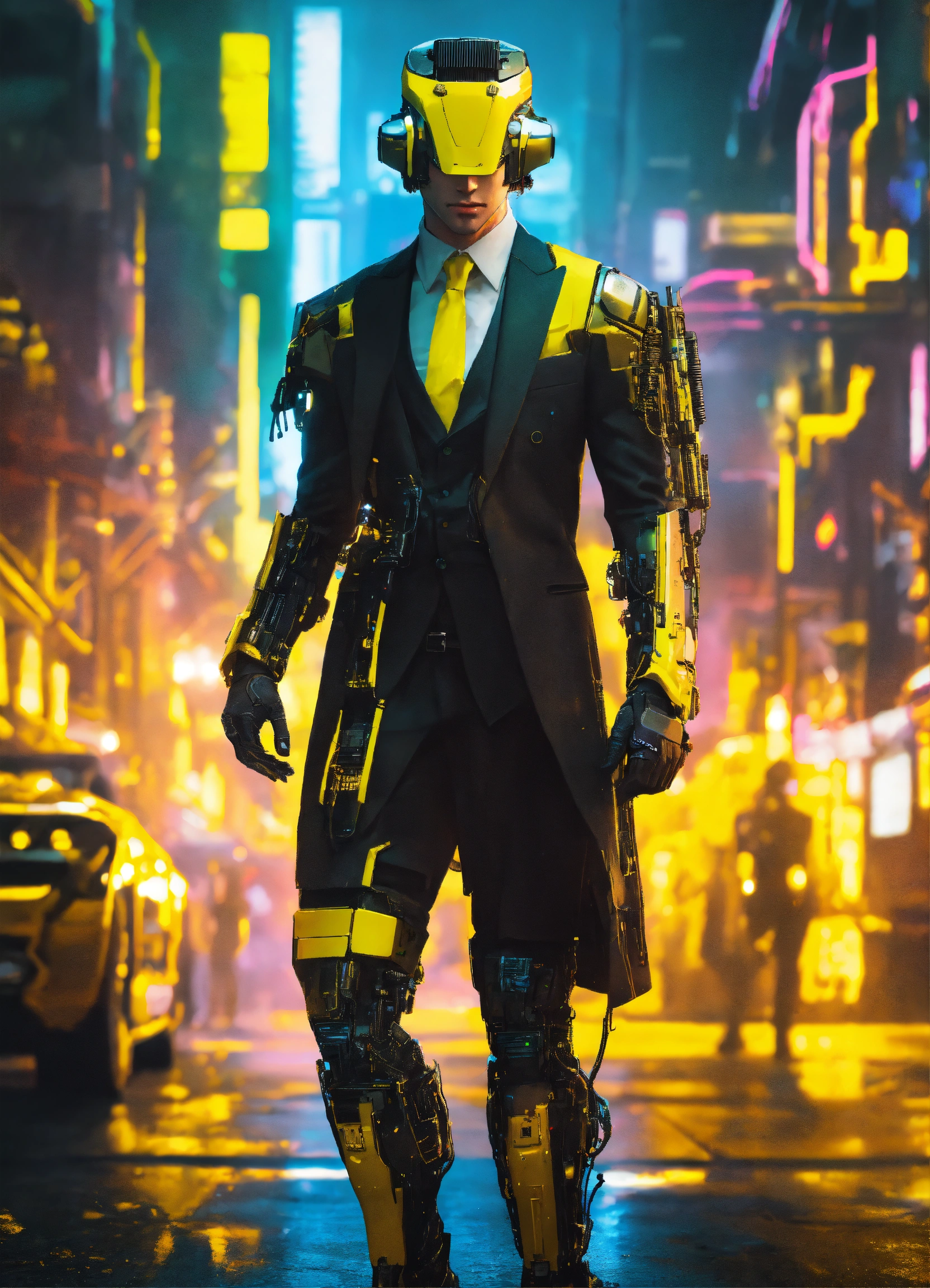 Lexica - Cyberpunk cyborg with yellow cybernetic parts. Mostly human ...
