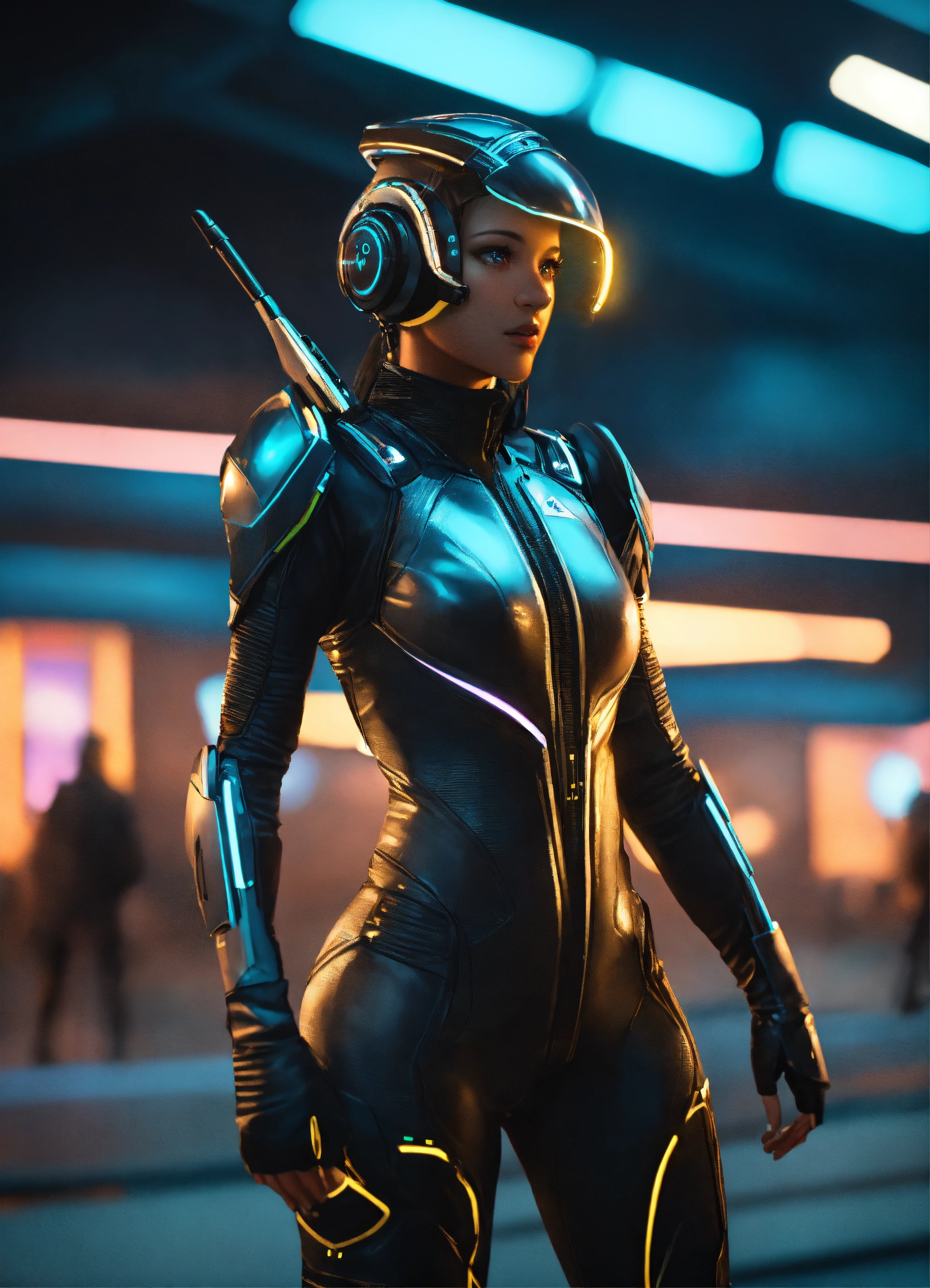 Lexica - Wide shot of a female super spy wearing a tight futuristic spy ...