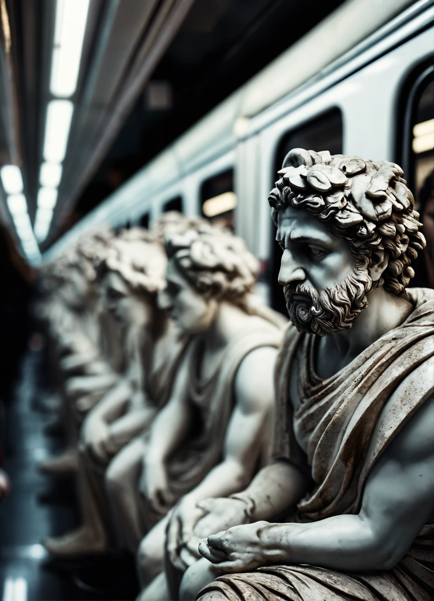 Lexica - Greek marble statues sitting in a very crowded subway train ...