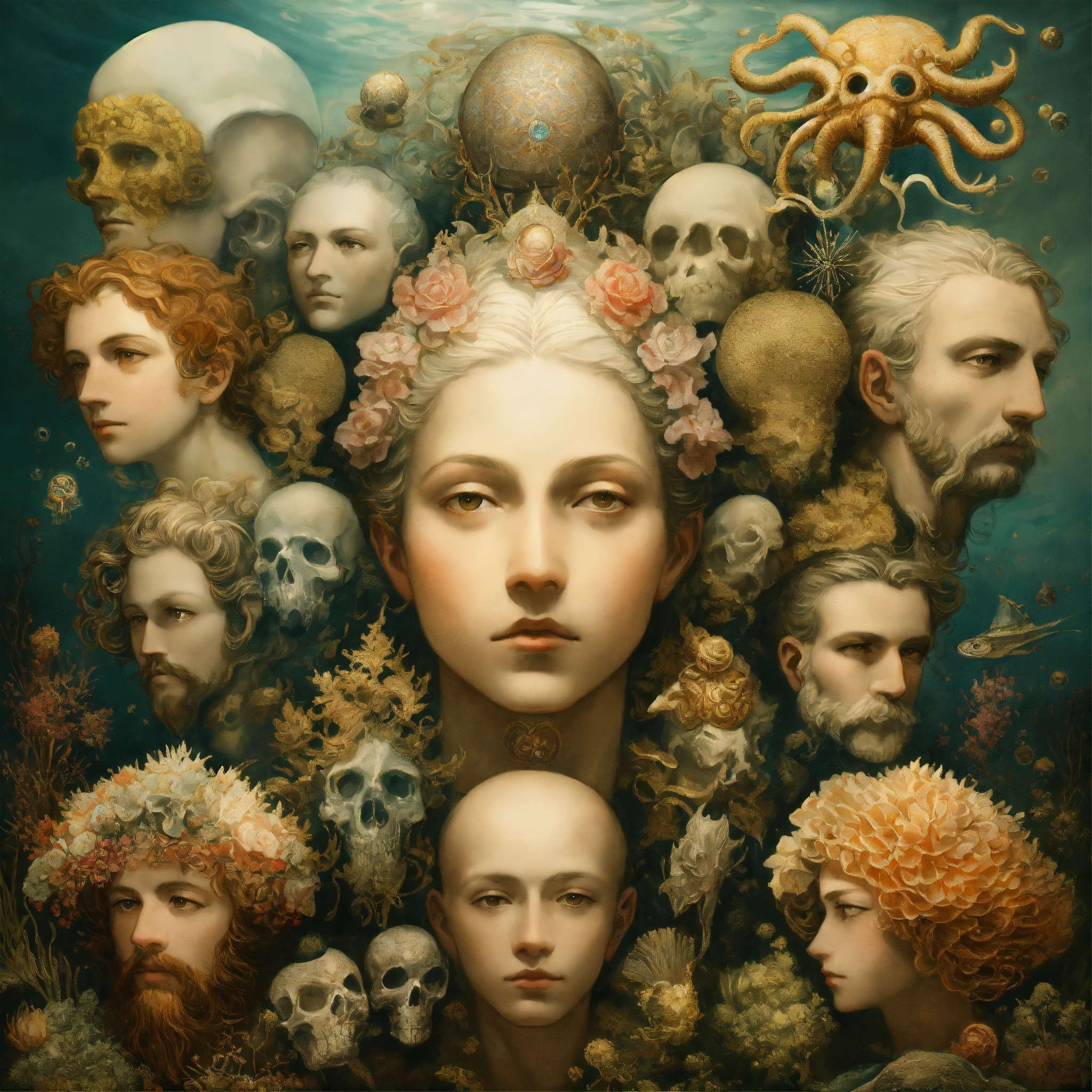 Lexica - Frontal portrait of ten human heads floating on the bottom of ...