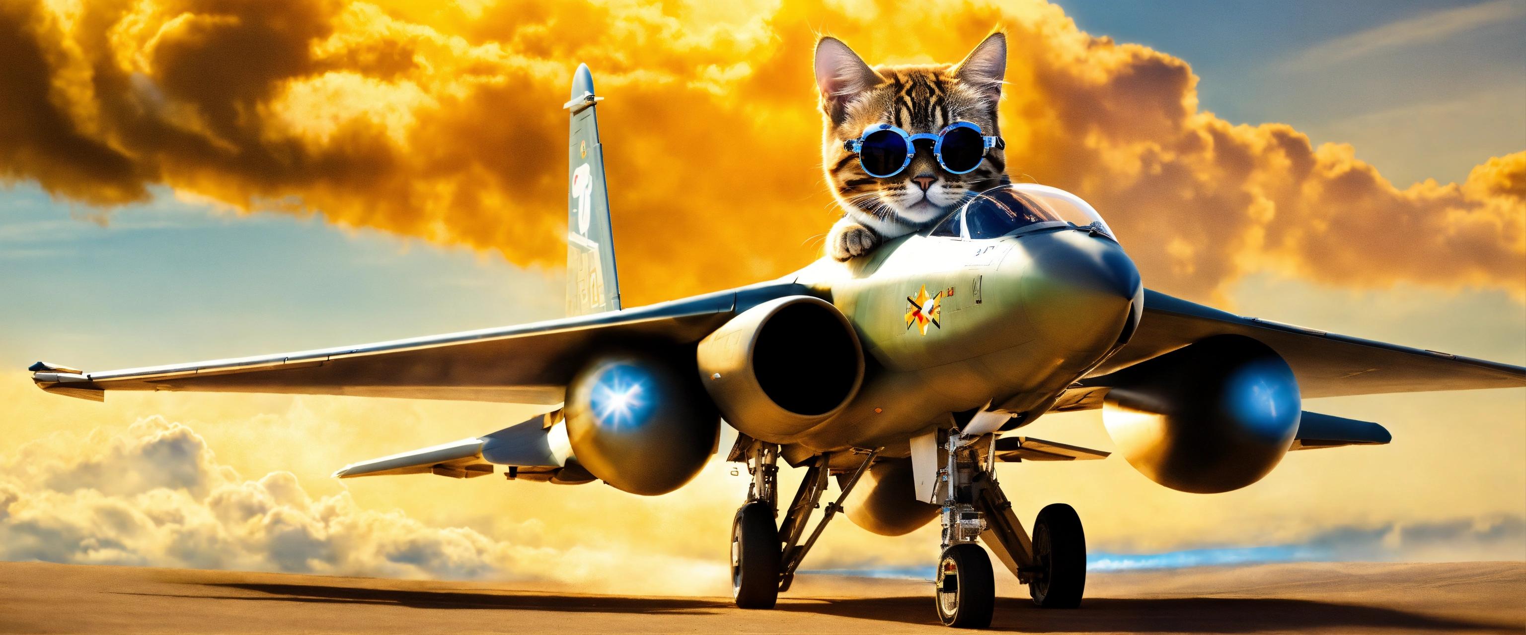 Lexica - A cute cat wearing sun glass and flying a fighter jet
