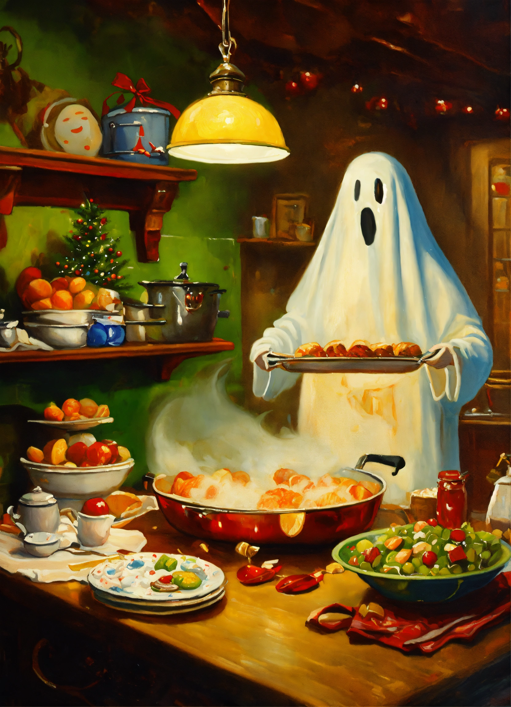 Lexica - Ghosts in a vintage kitchen enjoying their Christmas meals oil ...
