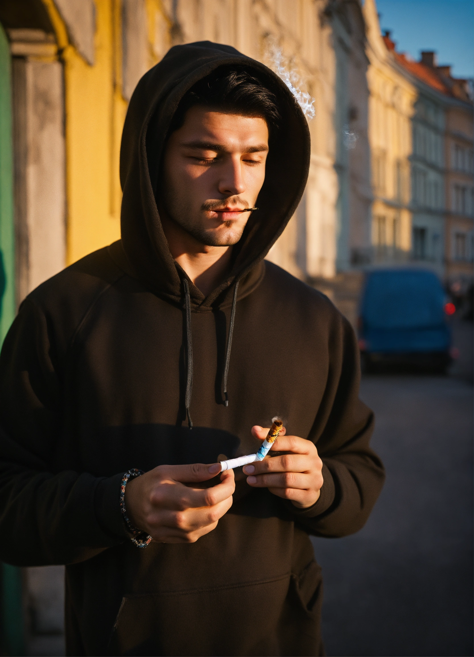 Lexica - Russian man with black hair in hoodie, smoking a cigarette in ...