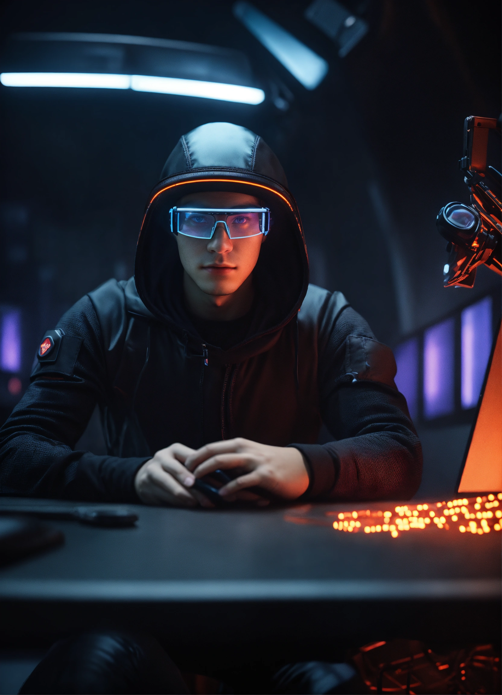 Lexica - Nerdy 20 year old male hacker wearing hi-tech inted visor ...