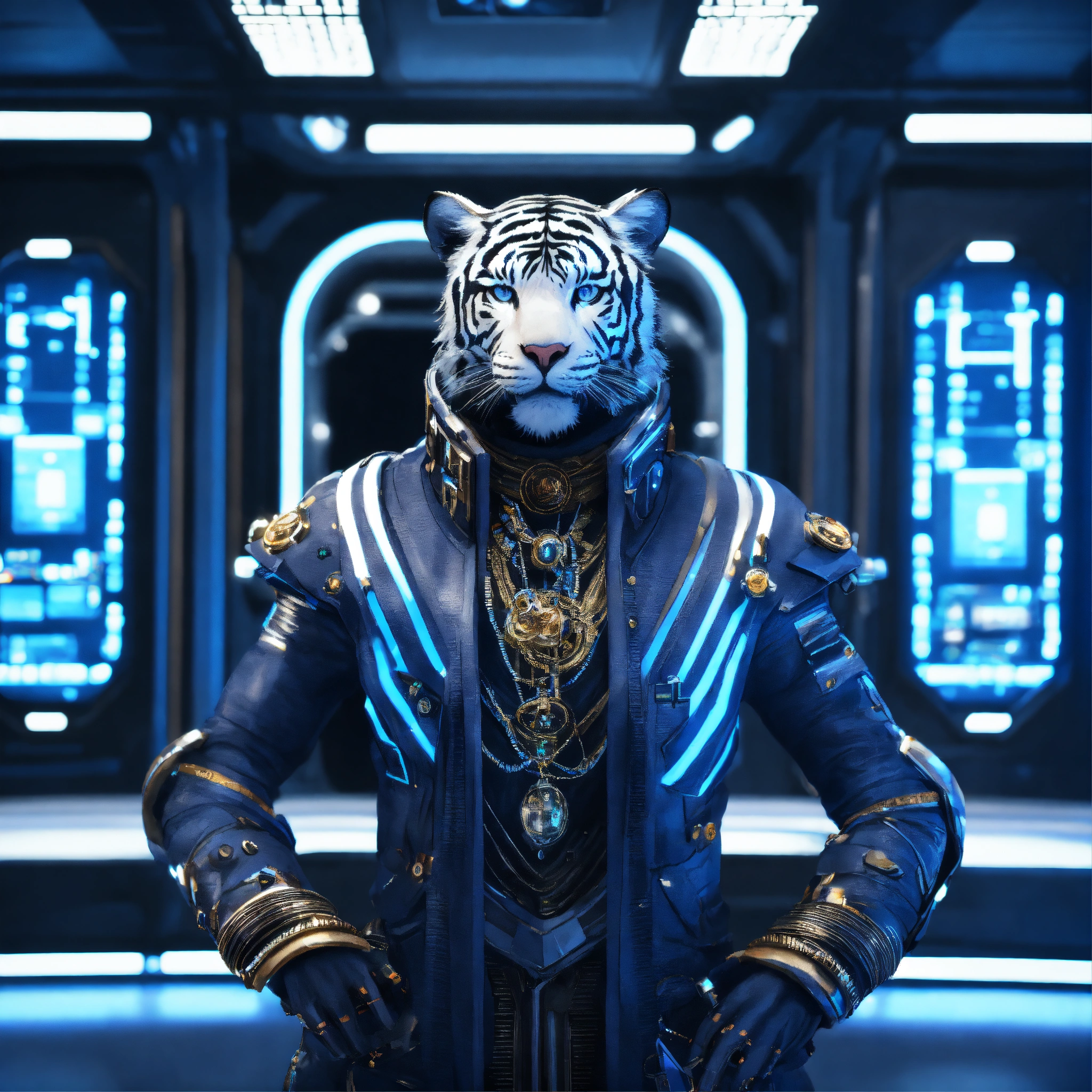 Lexica - Zoom out from a sophisticated blue striped tiger faced ...