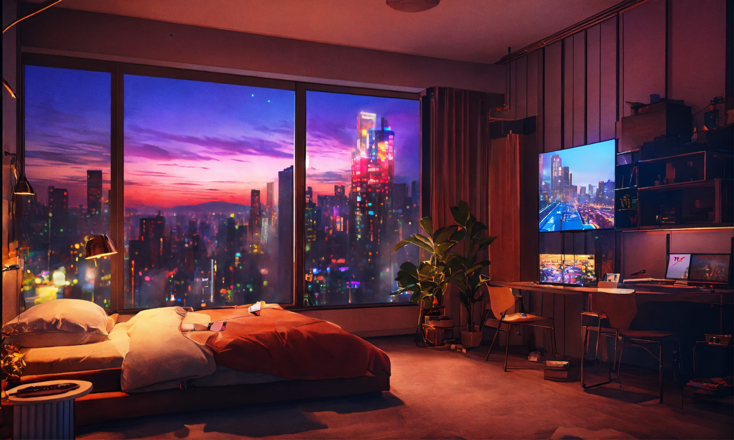 Lexica - A beauty is playing games on PS5 in her bed room。 Neon lights ...