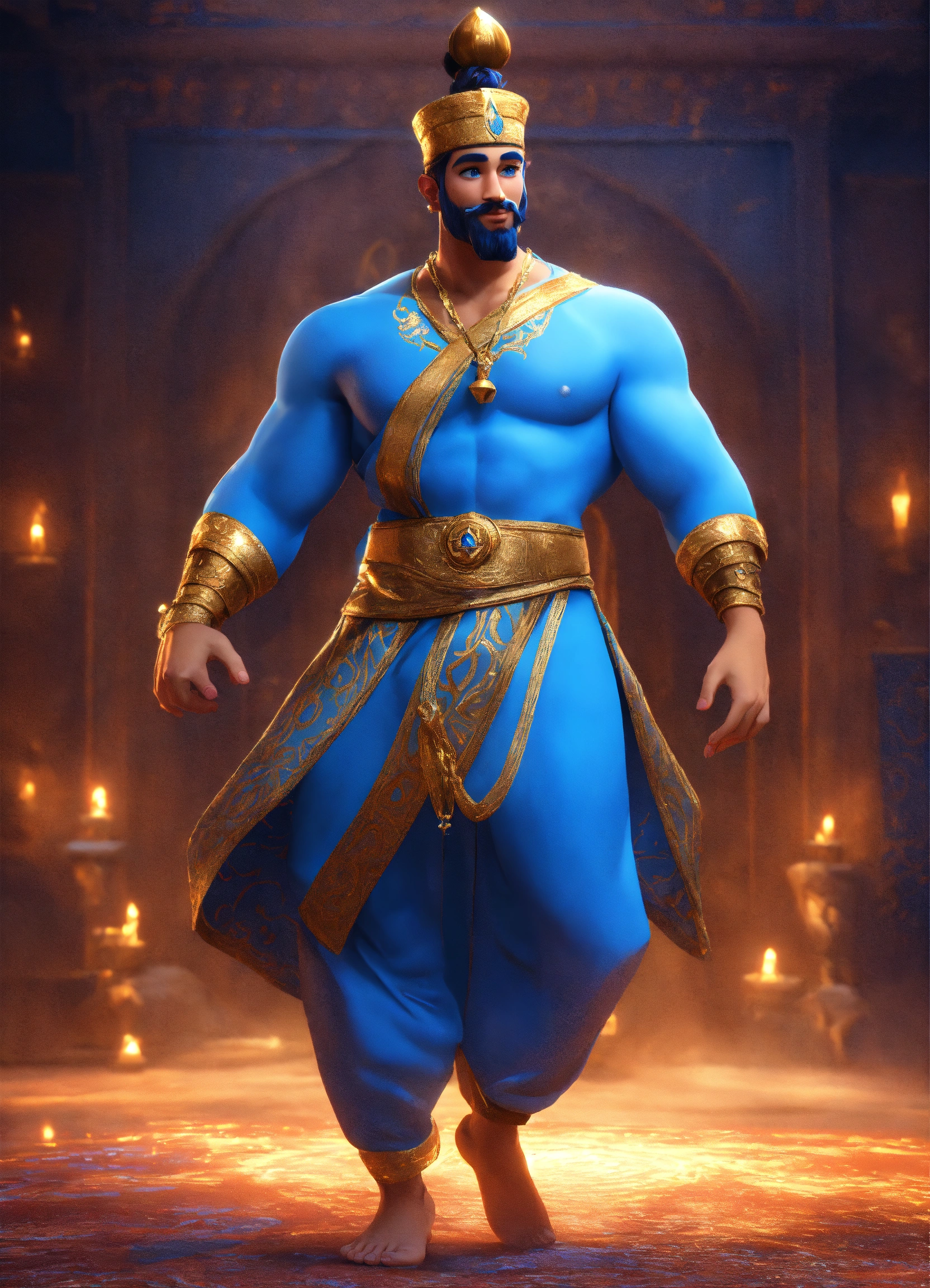 Lexica - Create a 3D rendering of a magical blue Arabian male genie ...