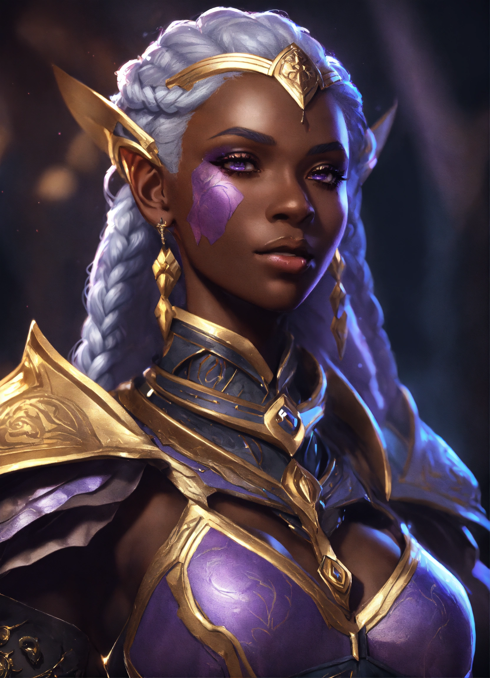 Lexica - A beautiful drow woman in sun themed armor. she has braids and dark gray skin. obsidian ...