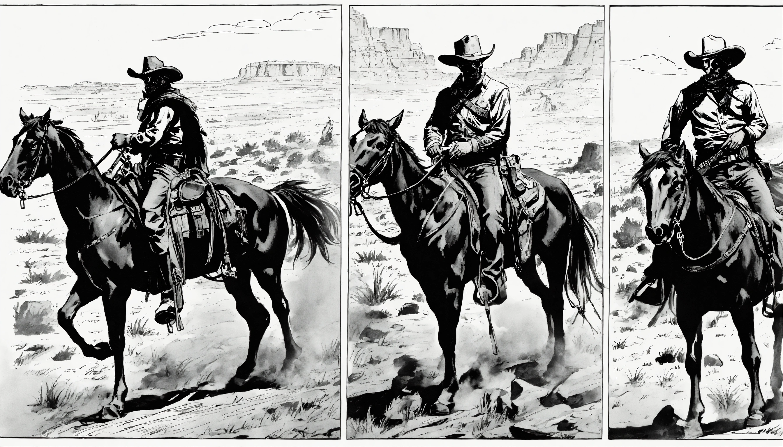 Lexica - A classic far west comic page vignettes , 4 skull face cowboys ...