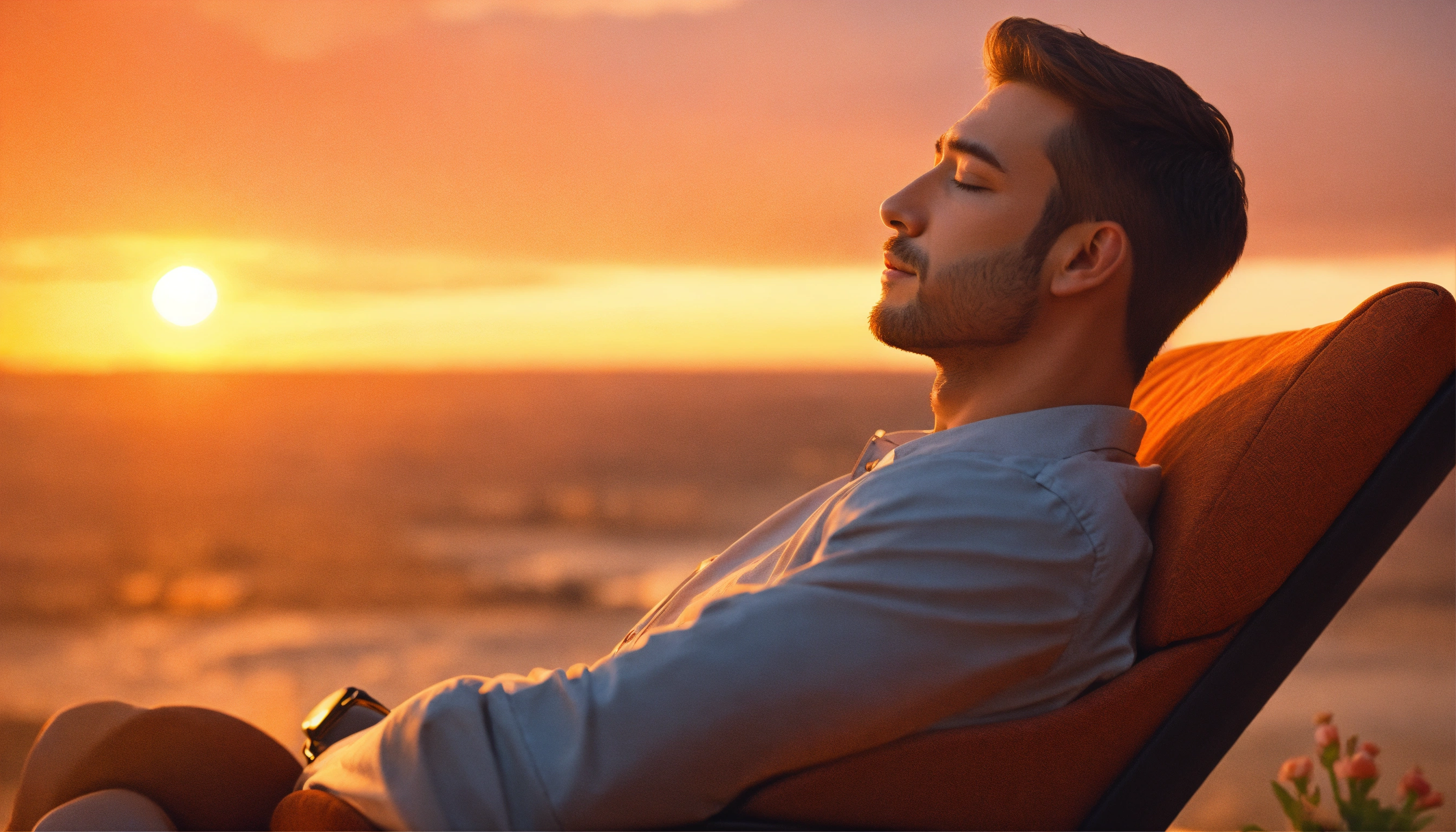 Lexica - A handsome man relaxing in a chair, eyes closed, close up ...