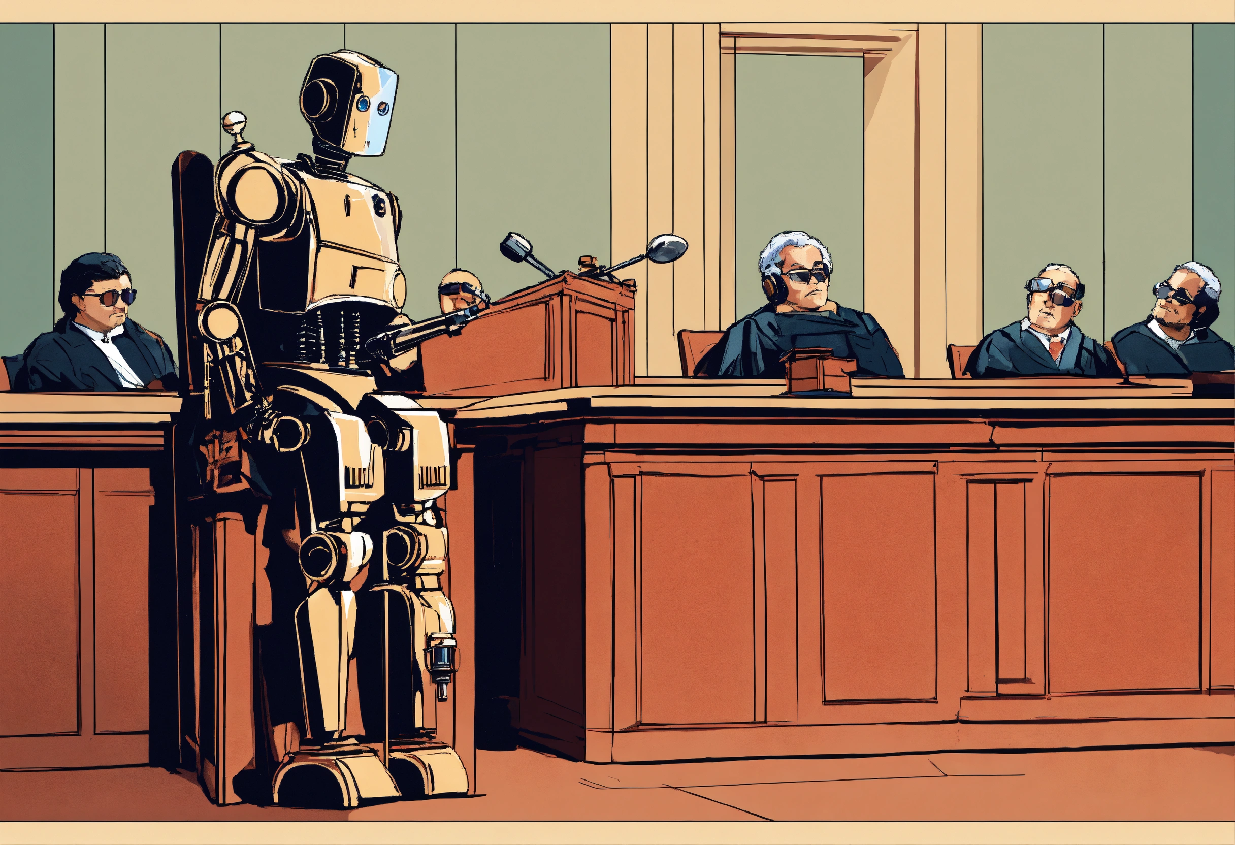 Lexica - Create an image of a robot judge with a gavel at a court bench ...