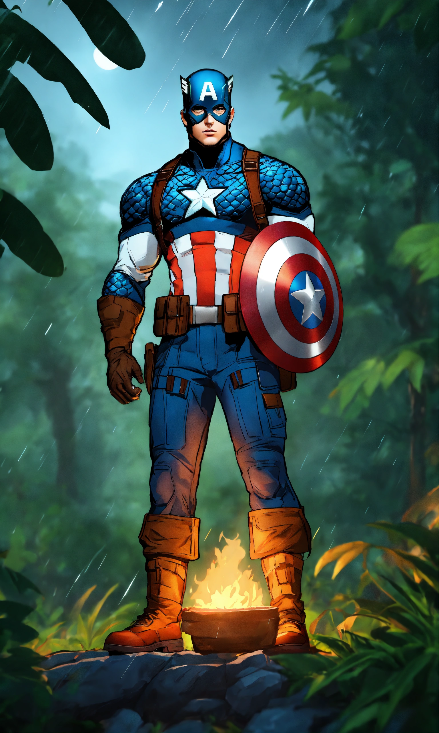 Lexica - Captain America camping on a rainy day in the jungle at night ...