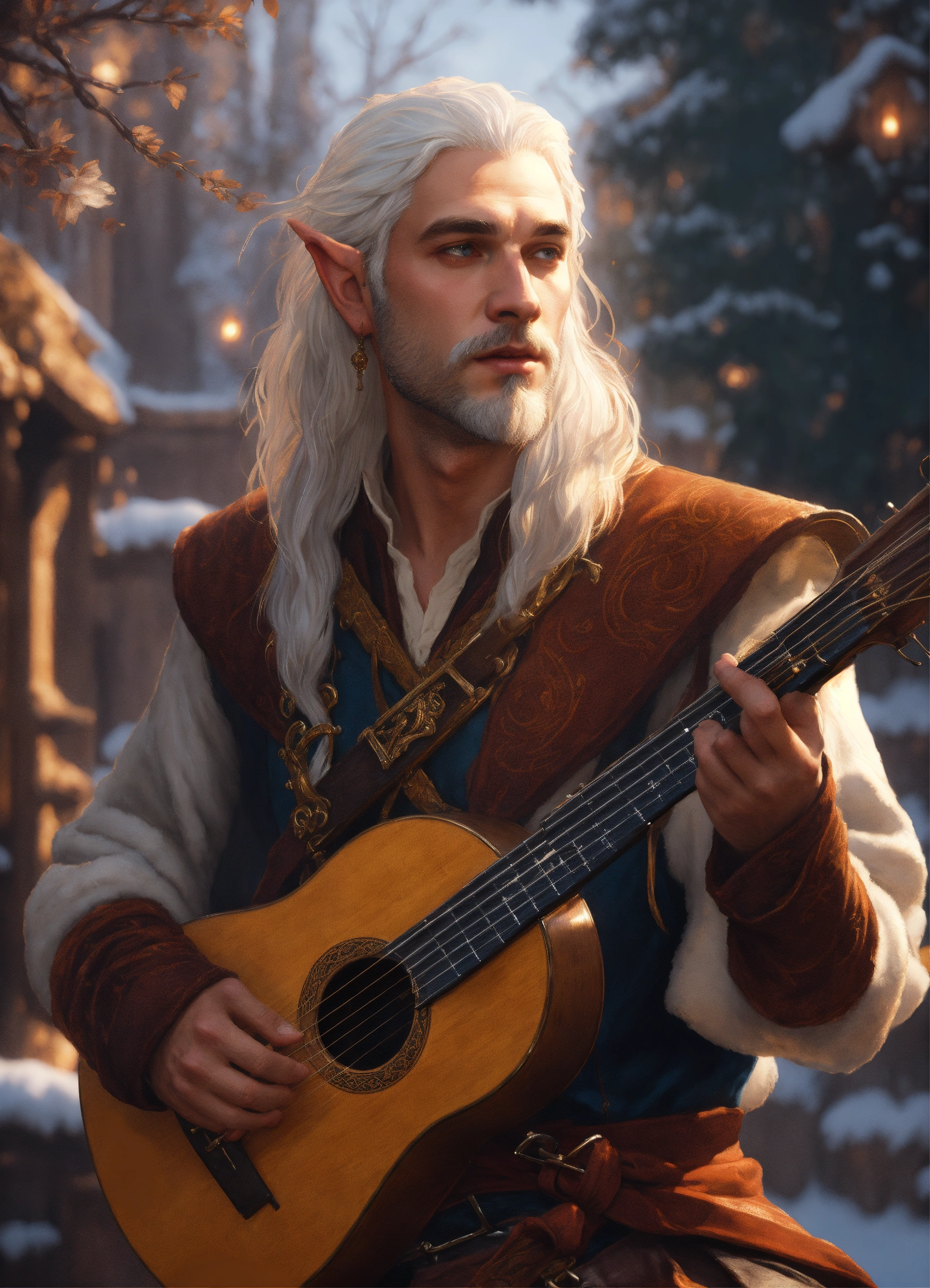 Lexica - Eladrin white hair and stubble male bard winter. holding lute ...