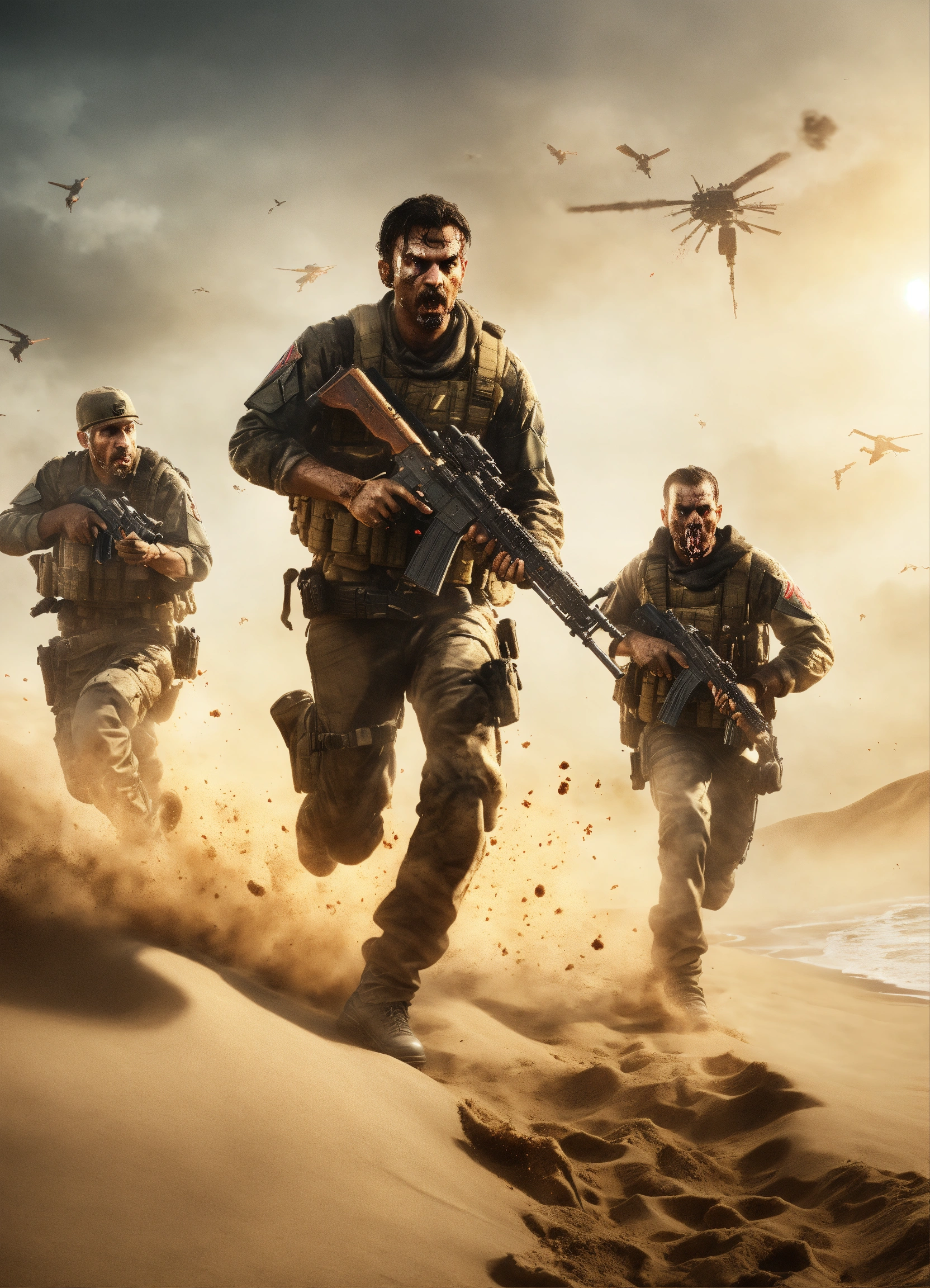 Lexica - Call of duty zombies running at camera on sand, cinematic 4k