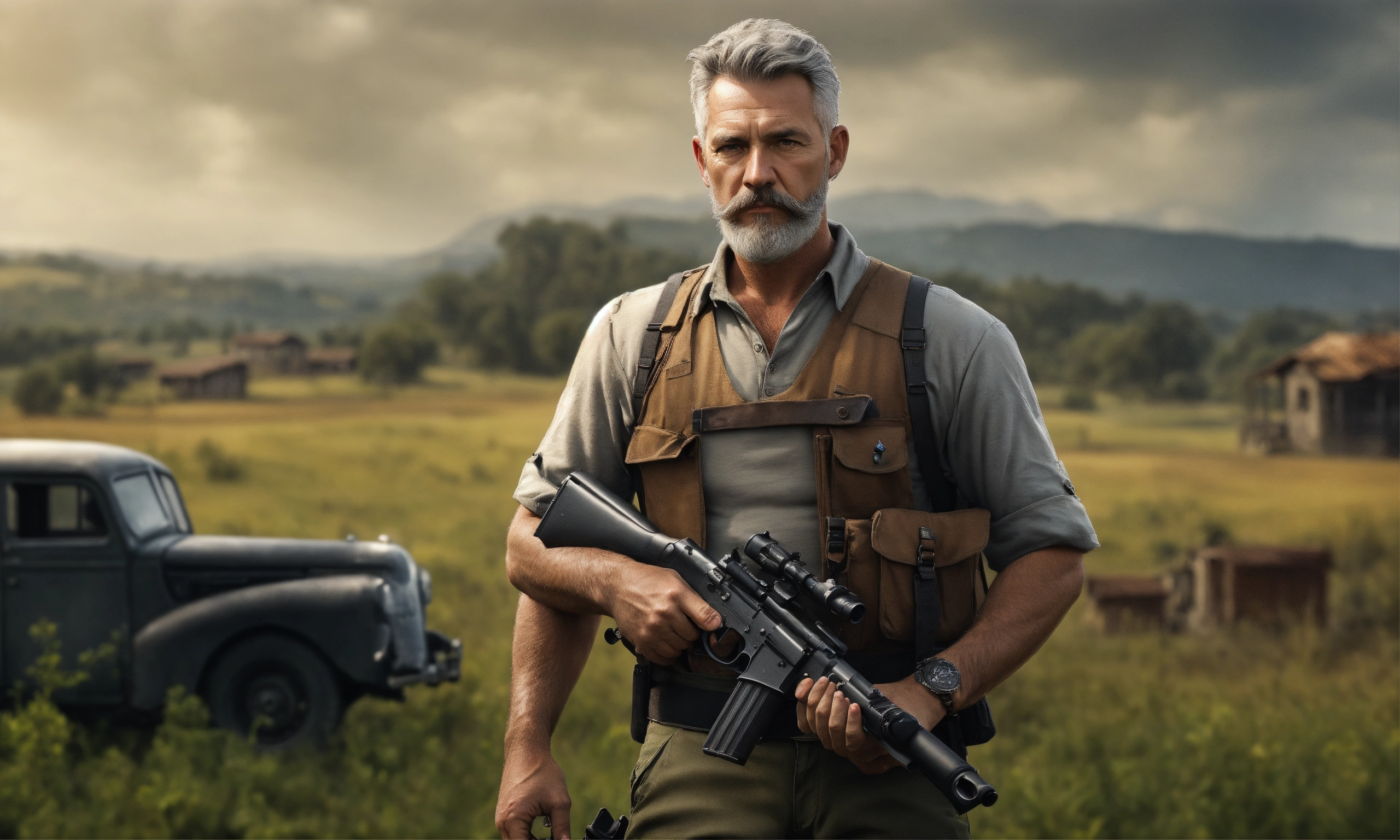 Lexica - Cinematic wallpaper of a 1940s german mercenary with a plain t ...