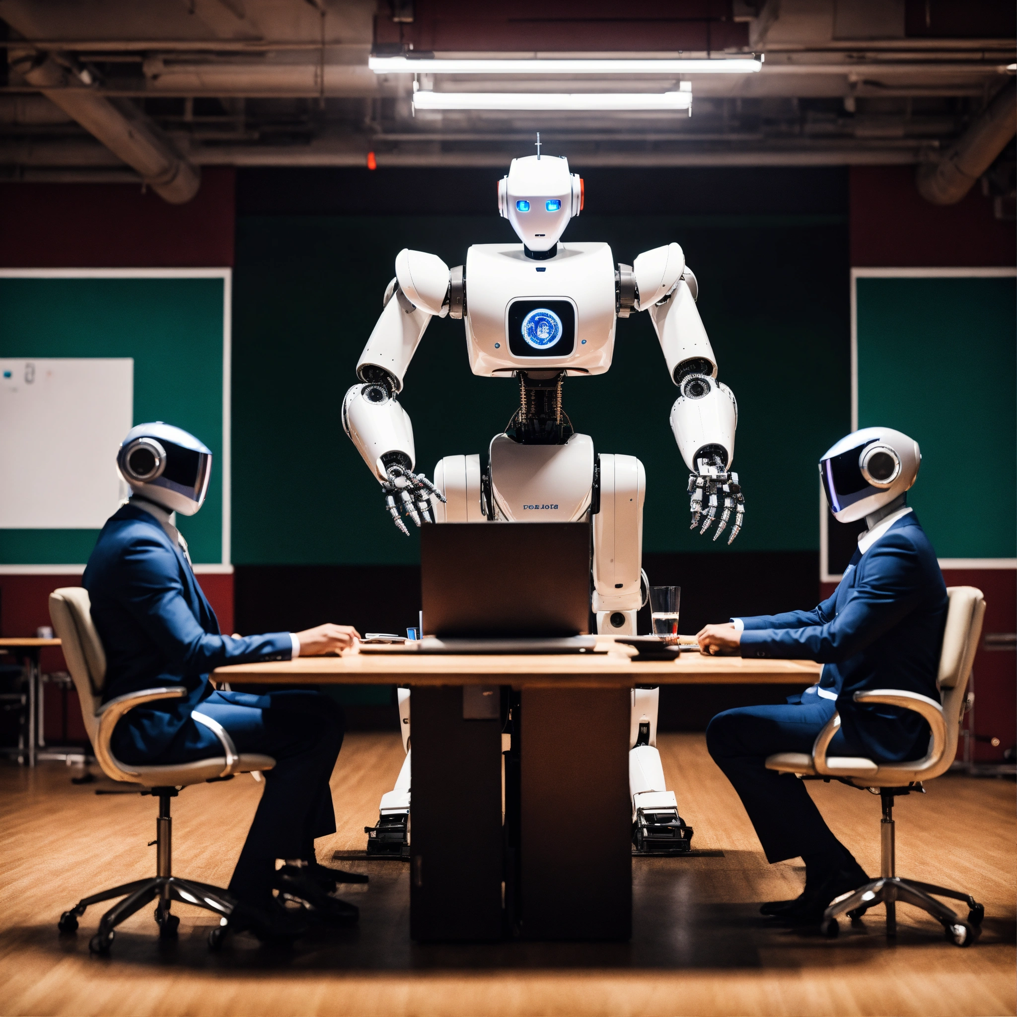 Lexica - Realistic photograph of a robot coaching a team of executives